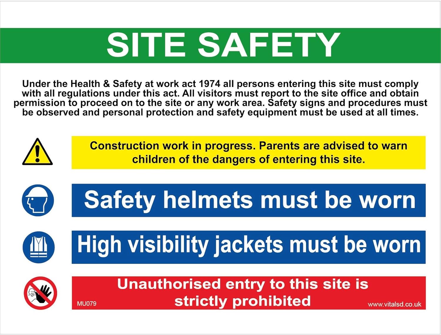 MU079 Multiple Sign SITE SAFETY BOARD Signs 600mm x 450mm DIBOND ...