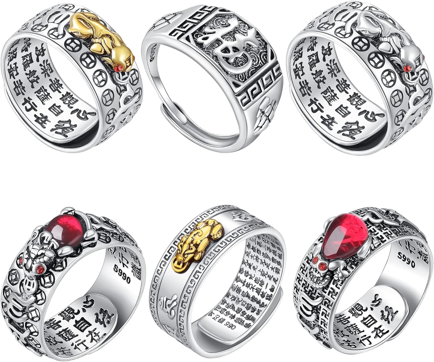 MAIBAOTA 6 Pcs Feng Shui Ring Pixiu Mantra Rings Set Buddhist Buddha ...
