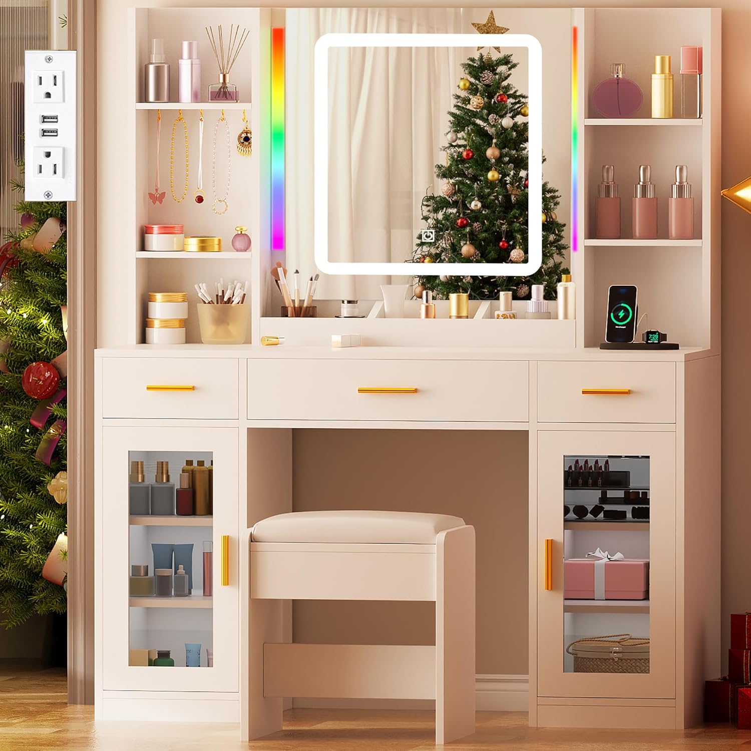 ANWBROAD Makeup Vanity Desk with Mirror 43.3" Girls Makeup Vanity Set ...