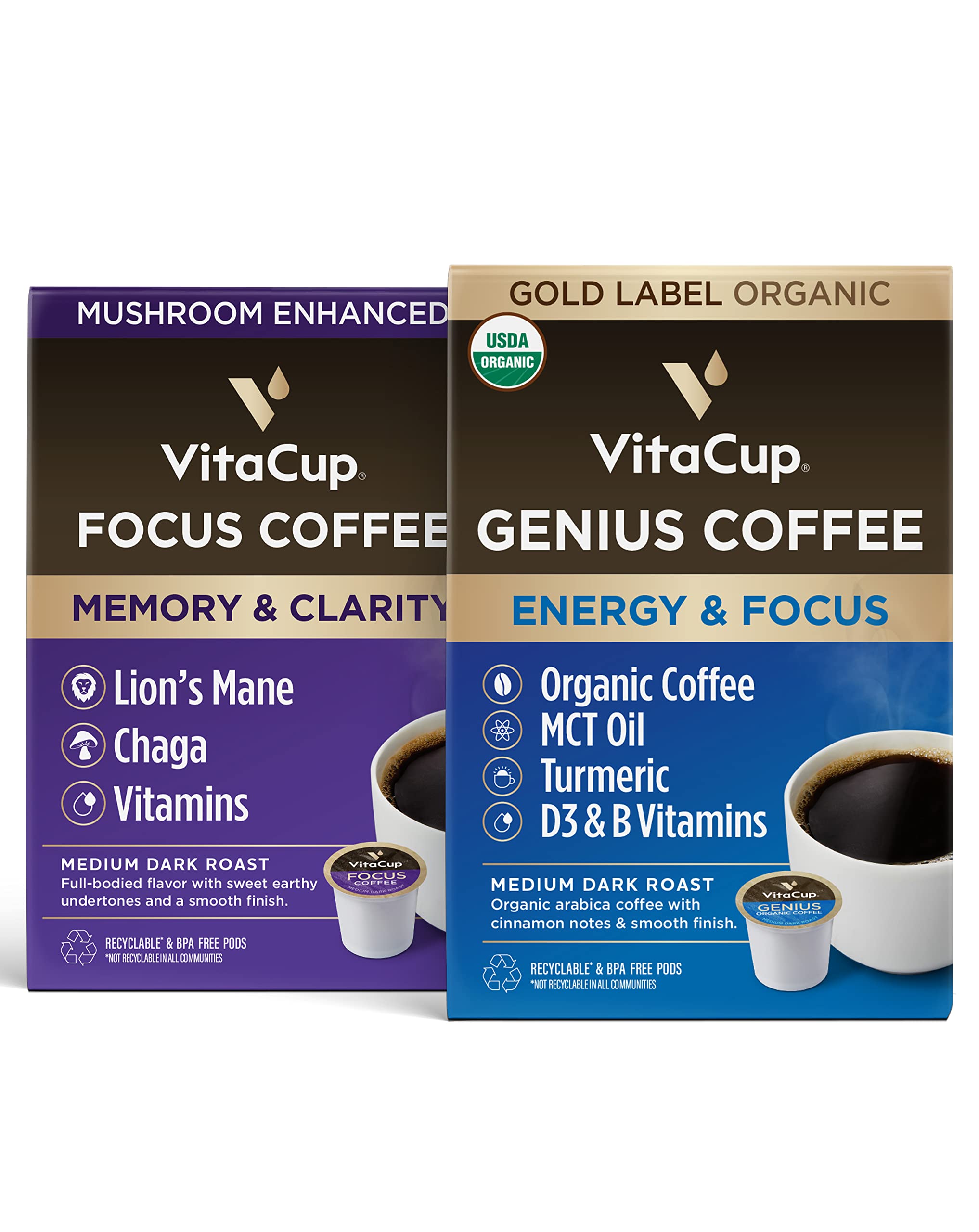 Amazon.com: Vitacup Genius Gold & Focus Mushroom Coffee 32 Pod Bundle ...