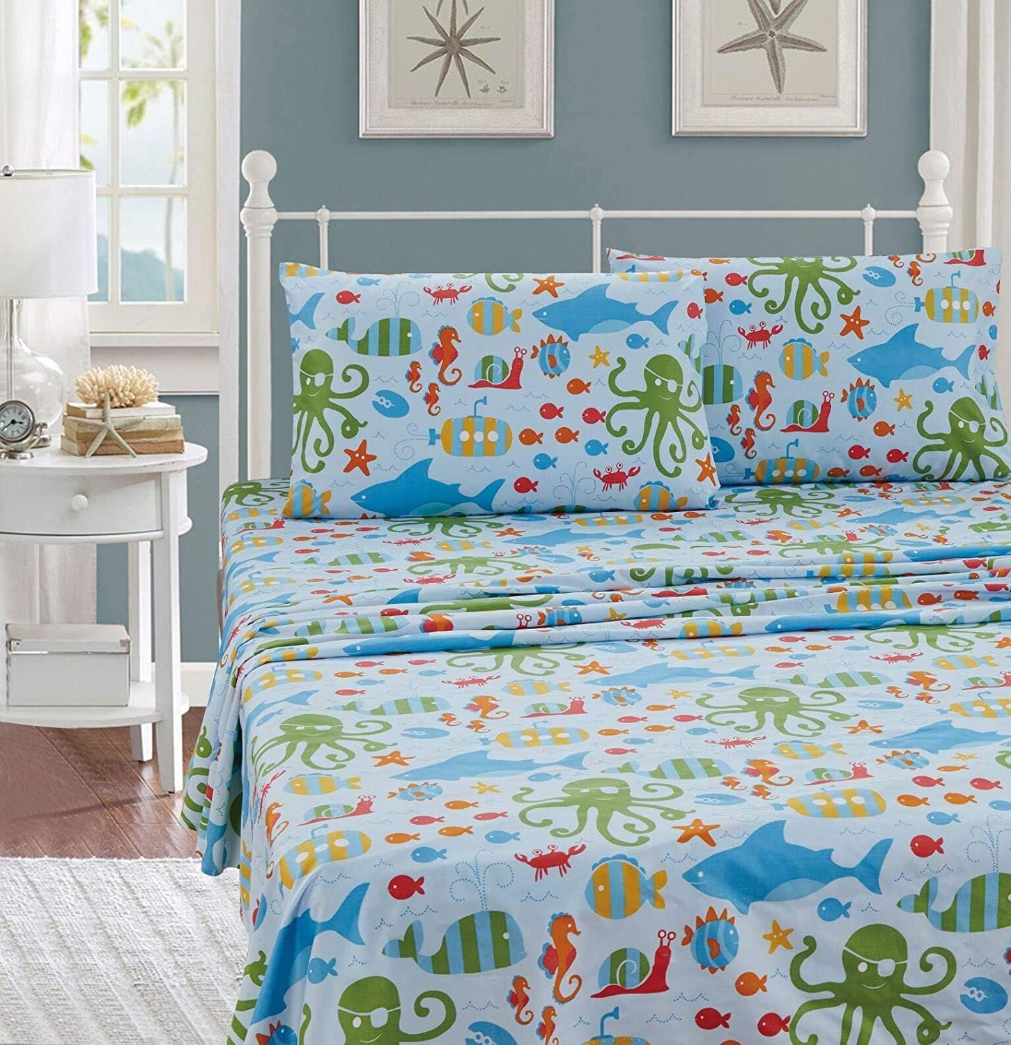 Amazon.com: Smart Linen Kids Bed Sheet Set Octopus Shark Submarine ...