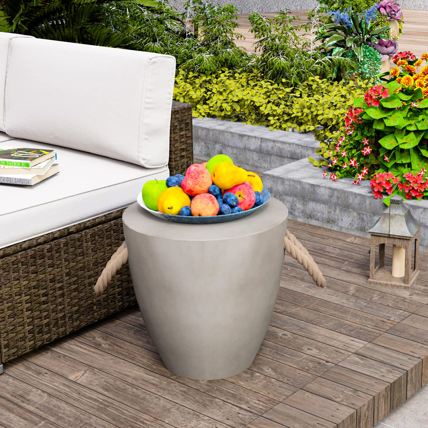 HOMPUS Concrete Outdoor Side Table Drum Accent Light Gray Modern End ...