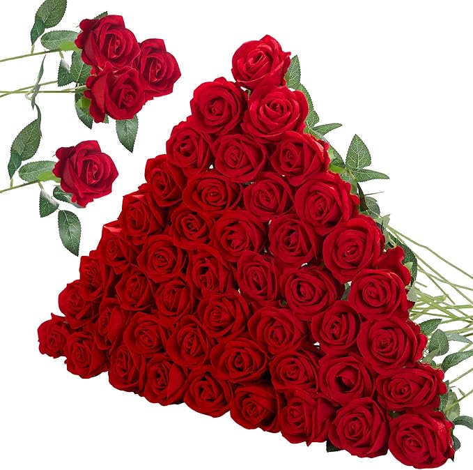 Amazon.com: InnoGear 50 Pcs Red Roses Artificial Flowers, Fake Velvet ...