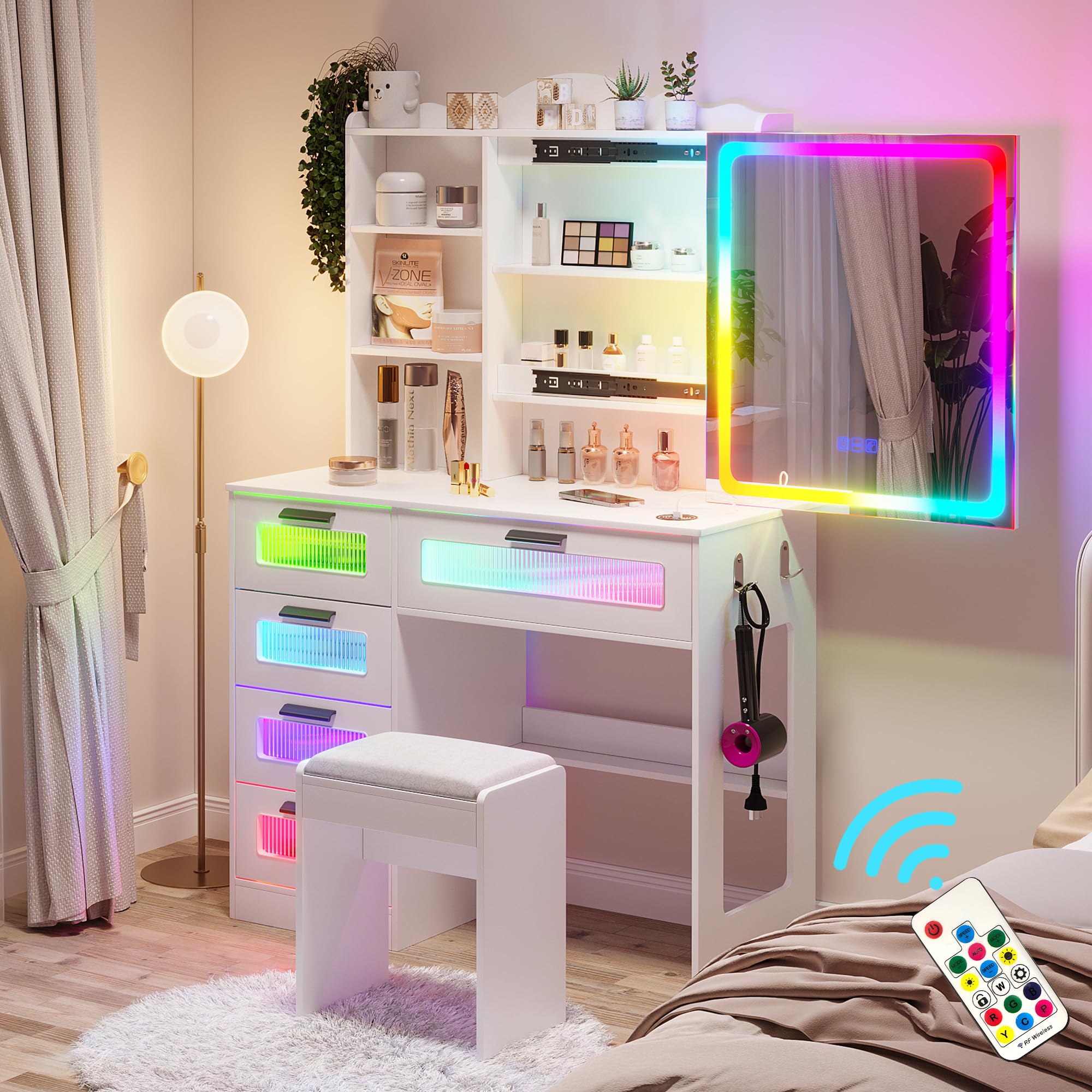 Amazon.com: HNEBC Vanity Desk with Sliding Mirror and LED Lights, RGB ...