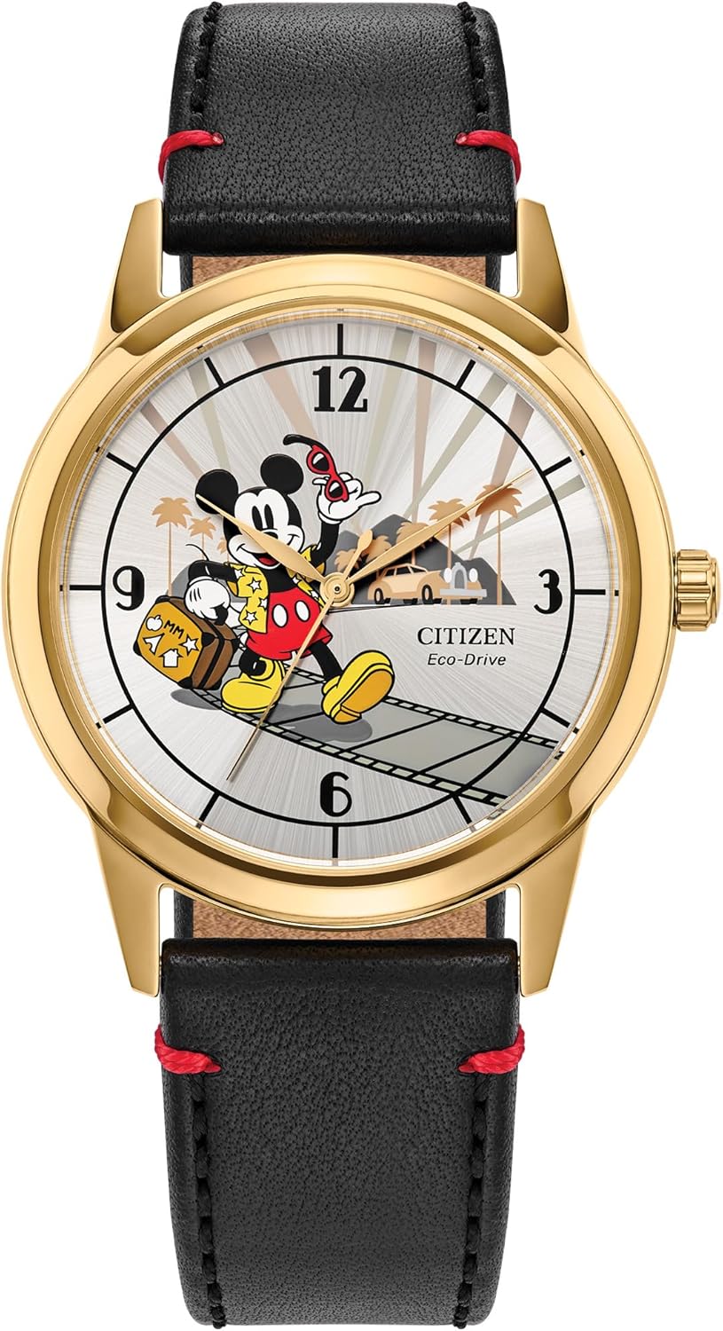 Amazon.com: Citizen Men's Eco-Drive Disney Mickey Mouse Watch, Black Leather Strap, Silver-Tone ...