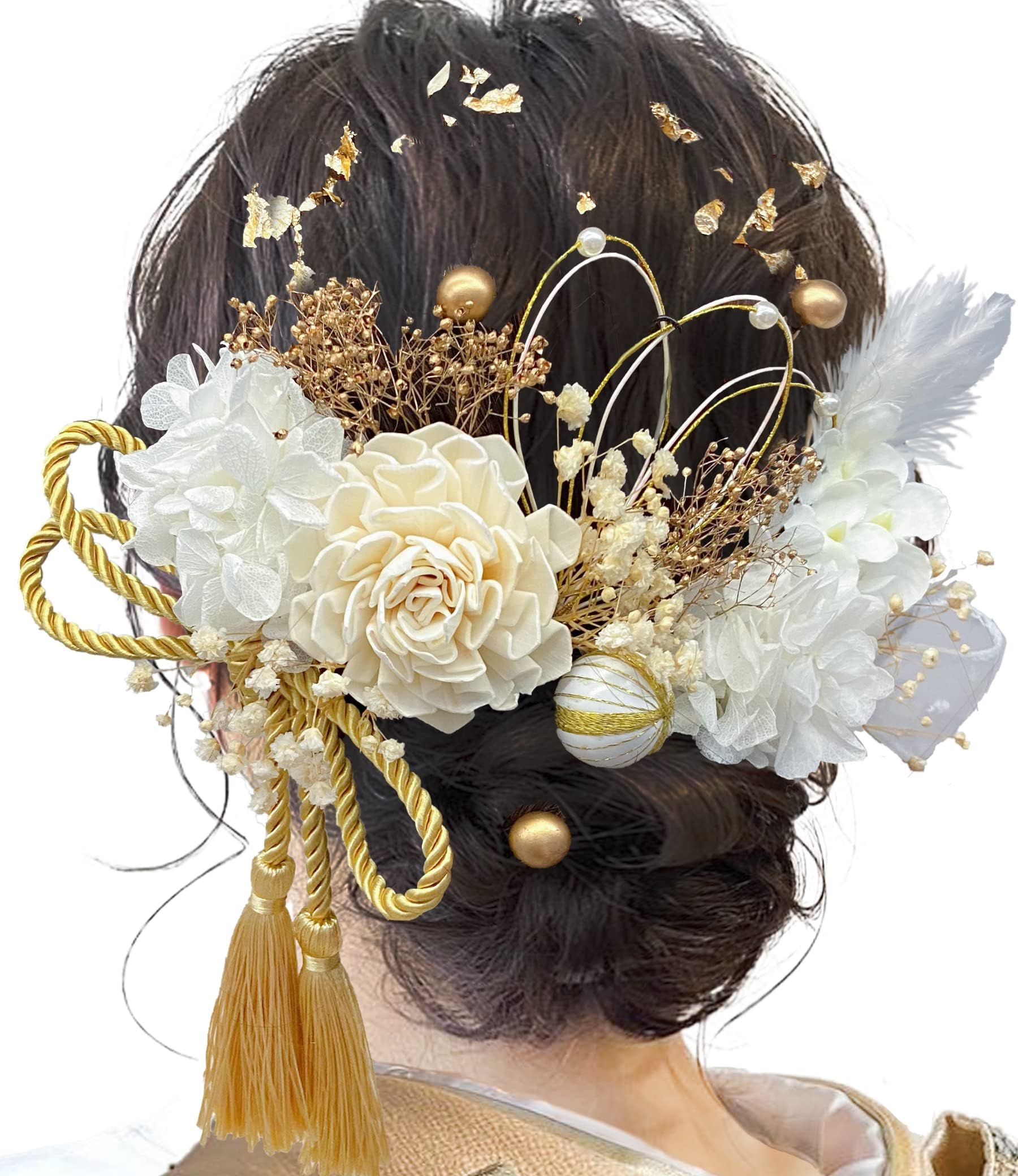 Amazon.co.jp: [JZOON] 成人式 髪飾り【9色展開】七五三 造花 ドライフラワー 水引き 小花モチーフ 和装 金箔 ゴールド ヘッドドレス ヘアアクセサリー 入学式 振袖 ...