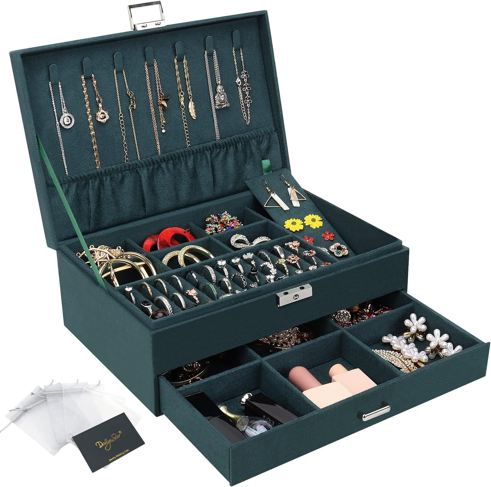 Warmiehomy 3 Layers Vintage Jewellery Box Lockable Velvet Jewelry ...