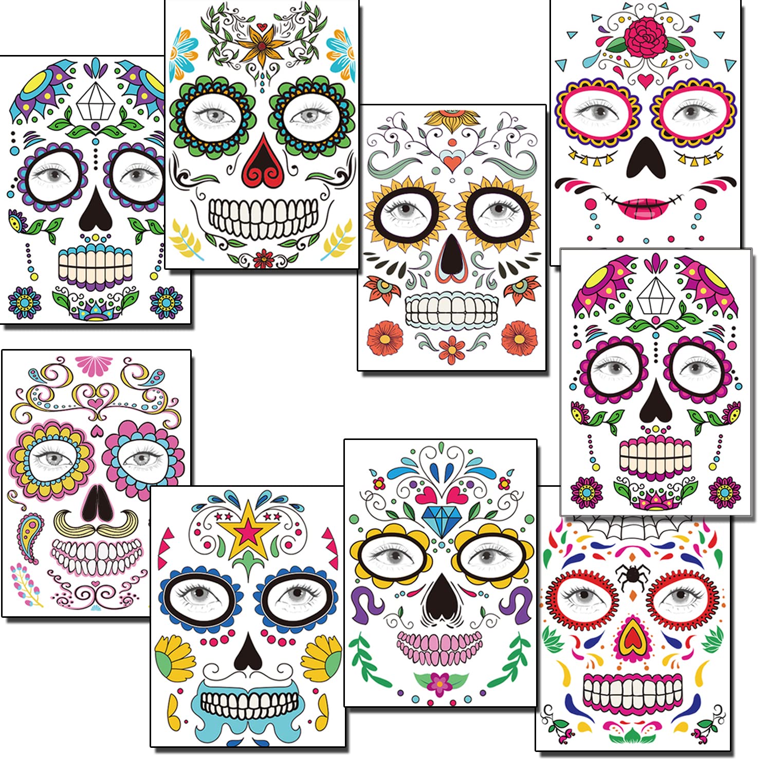 Amazon.com : Tazimi Halloween Face Temporary Tattoos - Day of the Dead Sugar Skull Face Tattoo ...