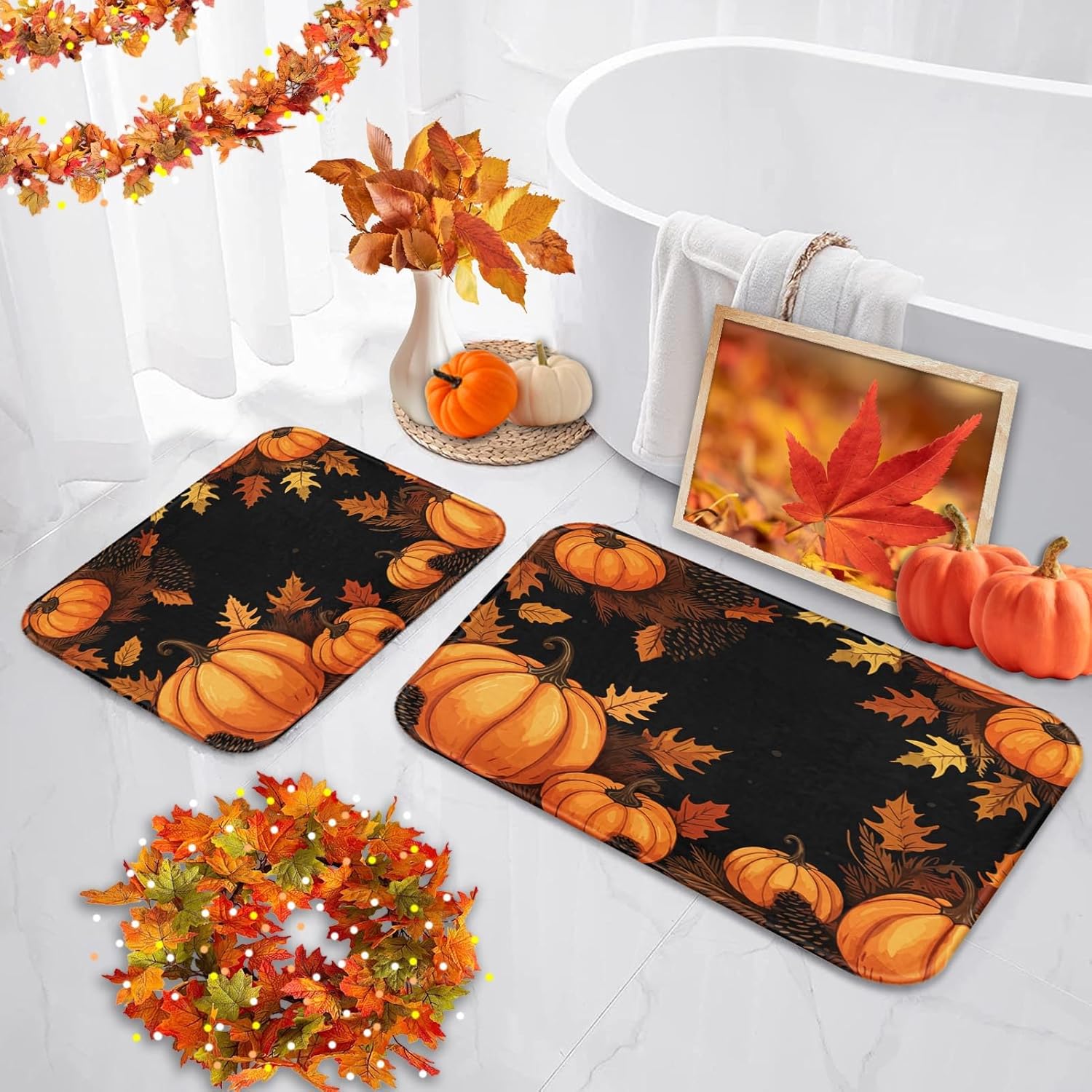 Amazon.com: Arttown Orange Autumn Leaves Bathroom Rug Mat Set of 2 ...