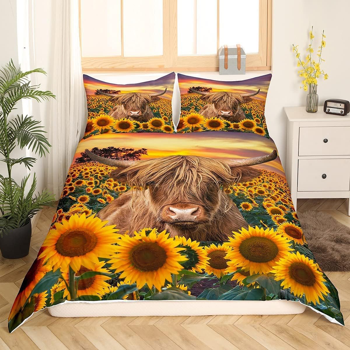 Amazon.com: Highland Cow Bedding Set Kids Sunflower Cattle Comforter Cover for Girls Teens ...