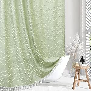 Amazon.com: Boho Shower Curtain with White Tassel Woven Fabric Sage Green Shower Curtain 72 x 72 ...