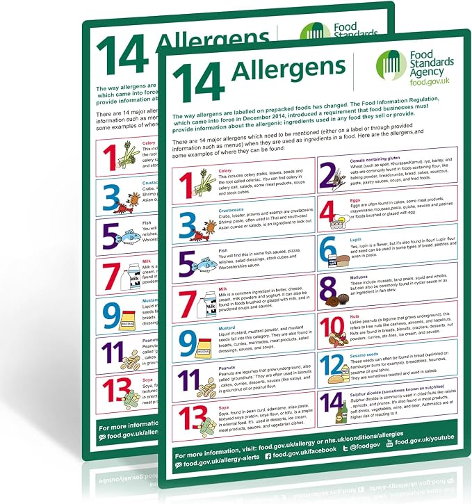 14 Food Allergens Poster 2 Pack – A4 Self-Adhesive Vinyl Sign ...