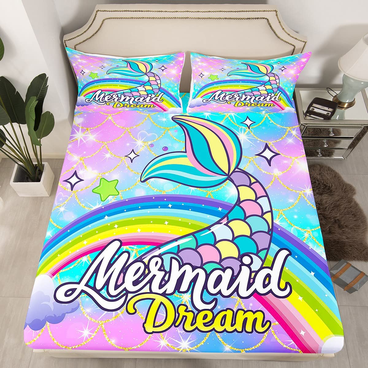 Amazon.com: Mermaid Bedding Set for Girls, Rainbow Fish Scales Fitted ...