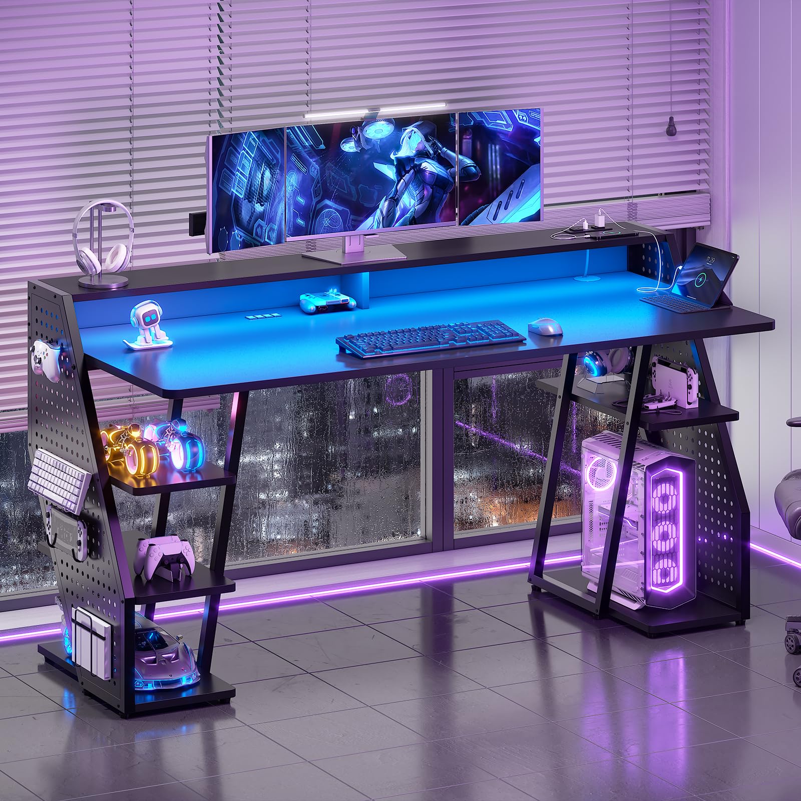 Amazon.com: SEDETA Gaming Desk 55'' with LED Lights and Storage Shelves ...