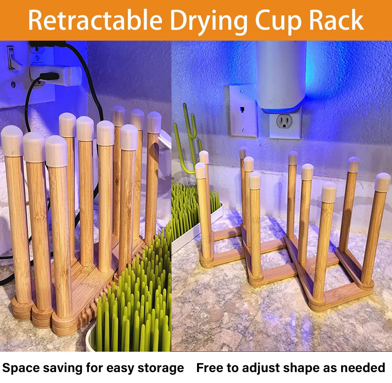 Cyauatt Bamboo Retractable Bottle Drying Rack Cup Dish Drying Rack ...