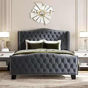 Amazon.com: Queen Size Bed Frame with 51-inch Tall Camelback Headboard ...