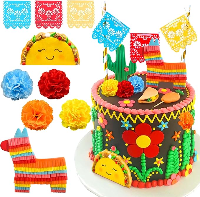 Amazon.com: JeVenis Luxury Papel Picado Cake Banner Mexican Fiesta Cake ...