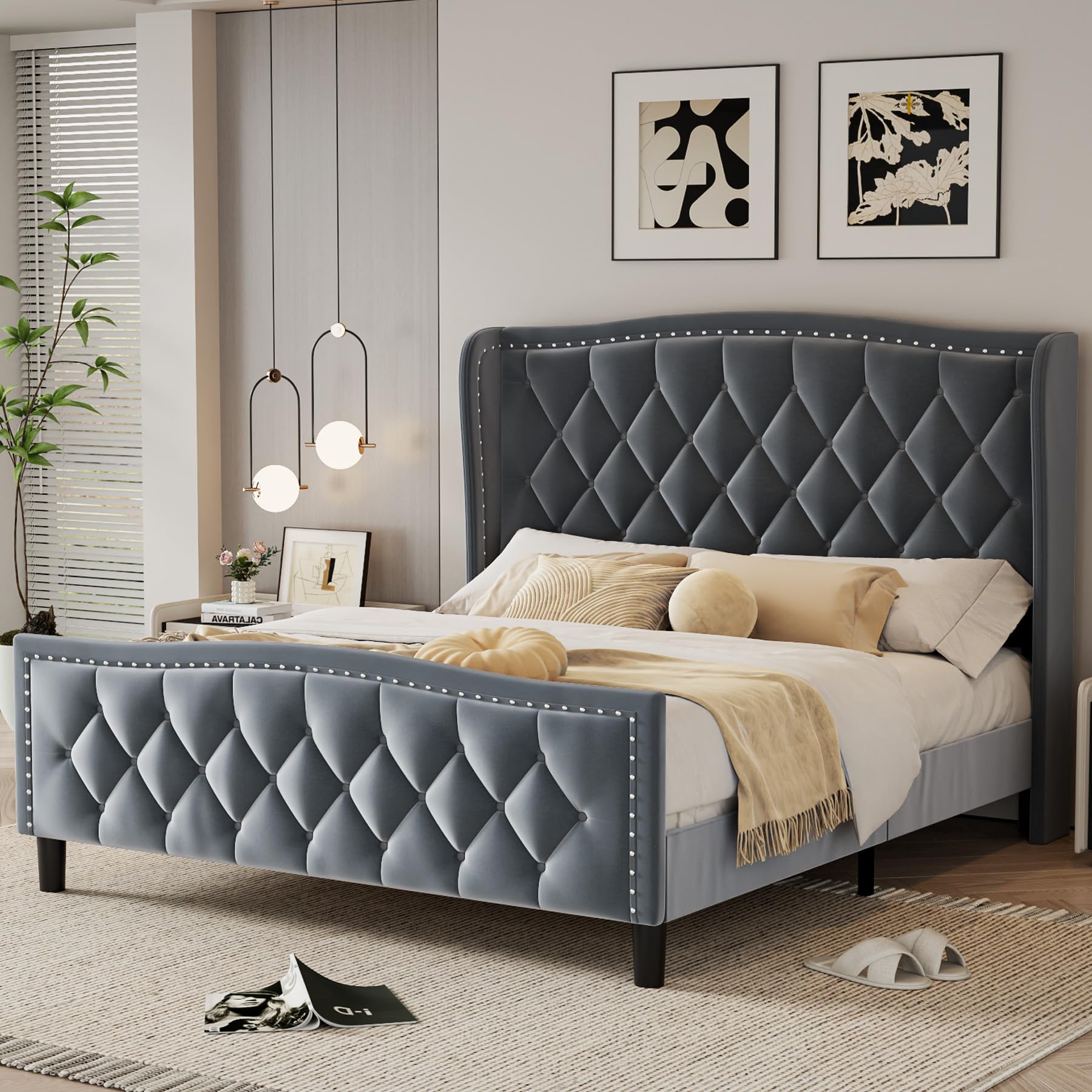Amazon.com: MWrouqfur Velvet Queen Bed Frame with Wingback Headboard ...