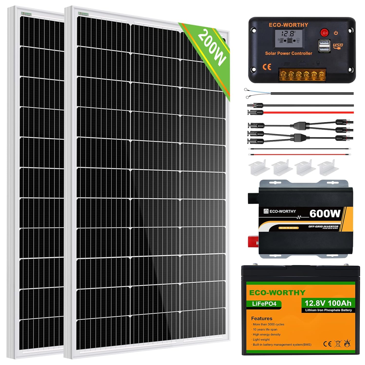 ECO-WORTHY 200 Watt 12V Complete Solar Panel Starter Kit for RV Off ...
