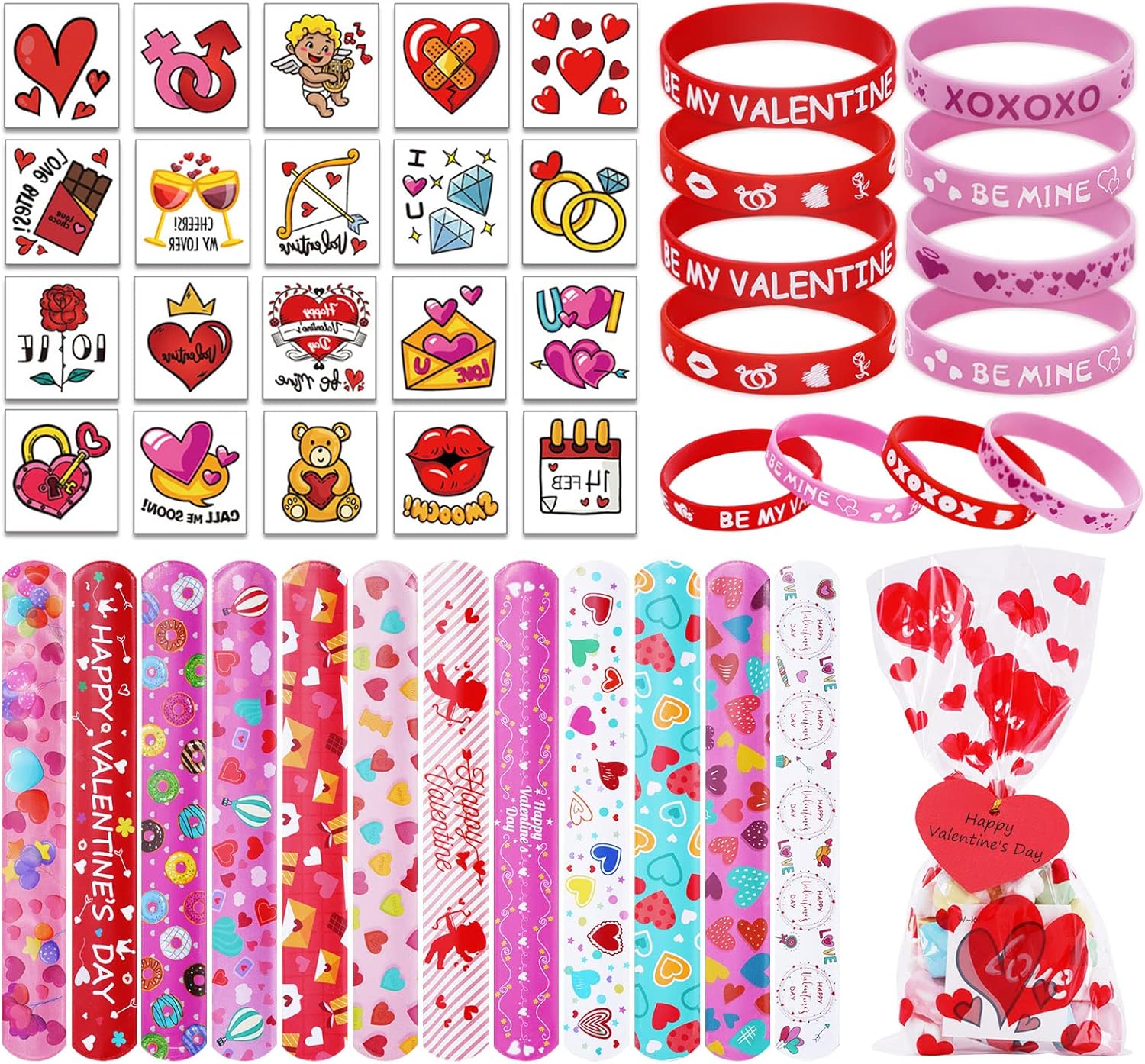 Amazon.com: Whaline 120Pcs Valentine's Day Slap Bracelets Red Pink Slap ...