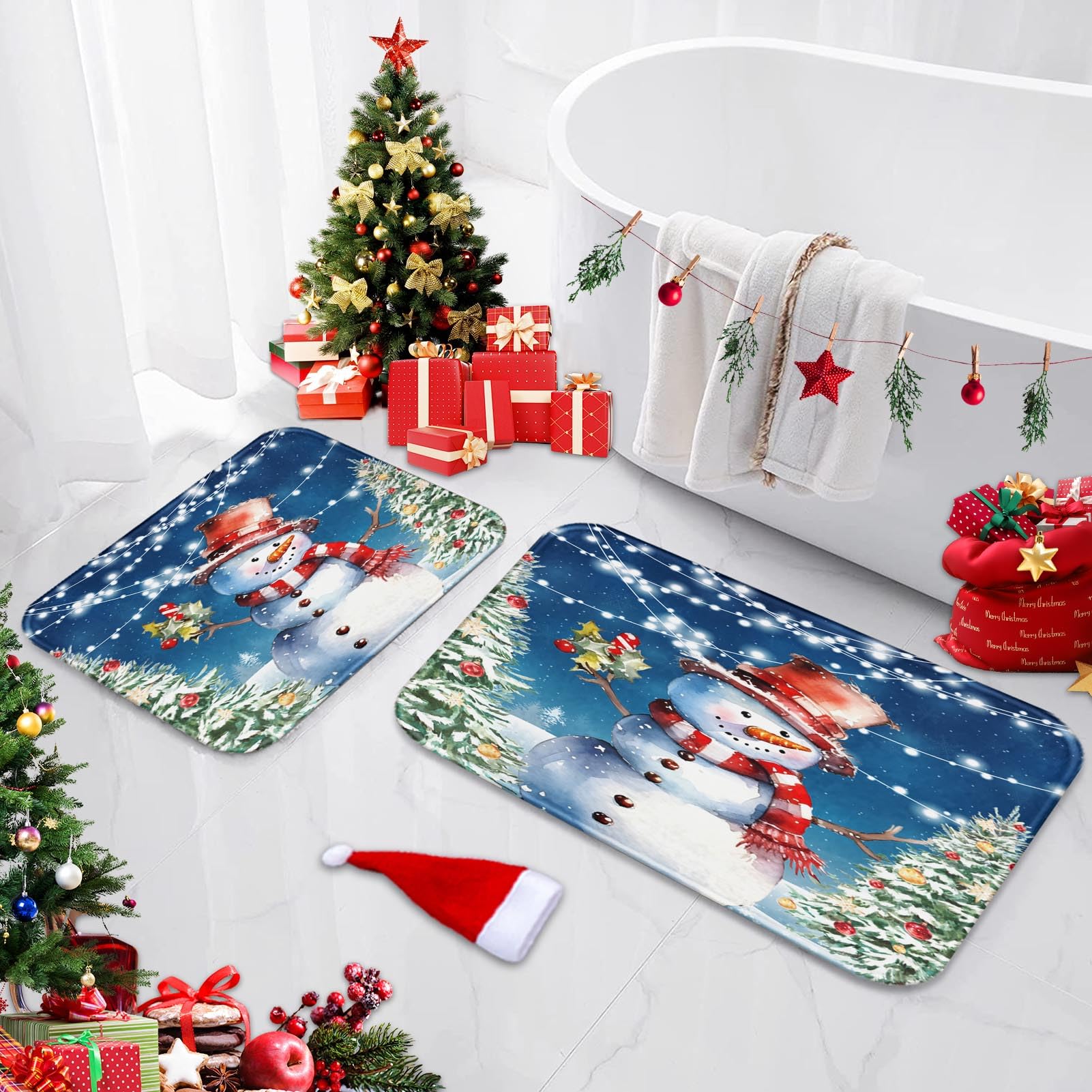 Amazon.com: Britimes Snowman Winter Blue Bathroom Rug and Mat Set 2 ...