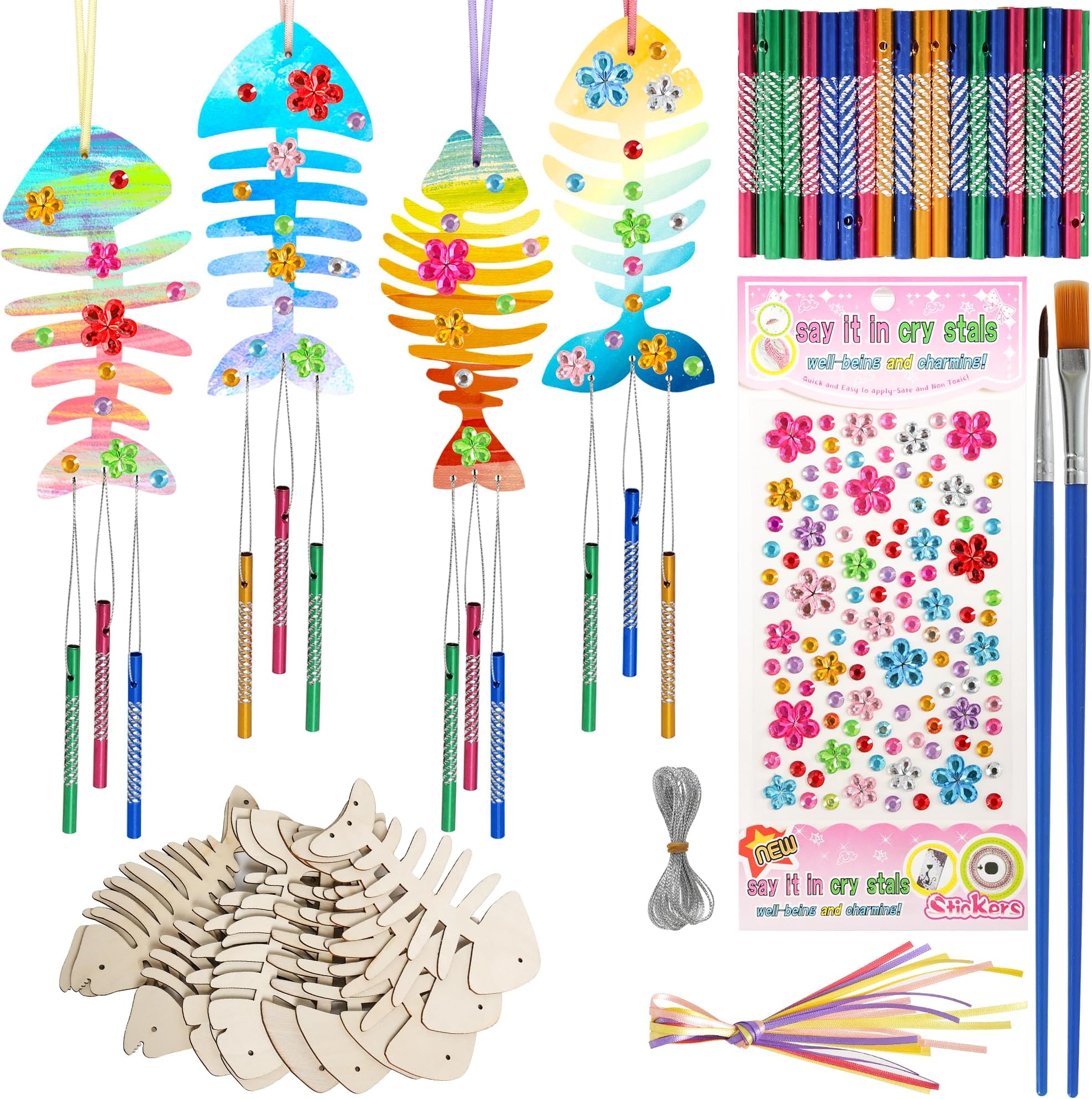 Amazon.com: 12 Pack Wooden Fish Bone Wind Chime Craft Kit for Kids ...