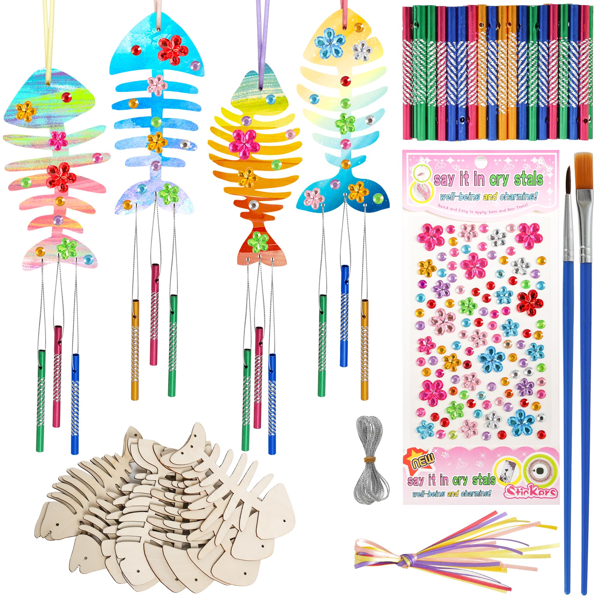 Amazon.com: 12 Pack Wooden Fish Bone Wind Chime Craft Kit for Kids ...