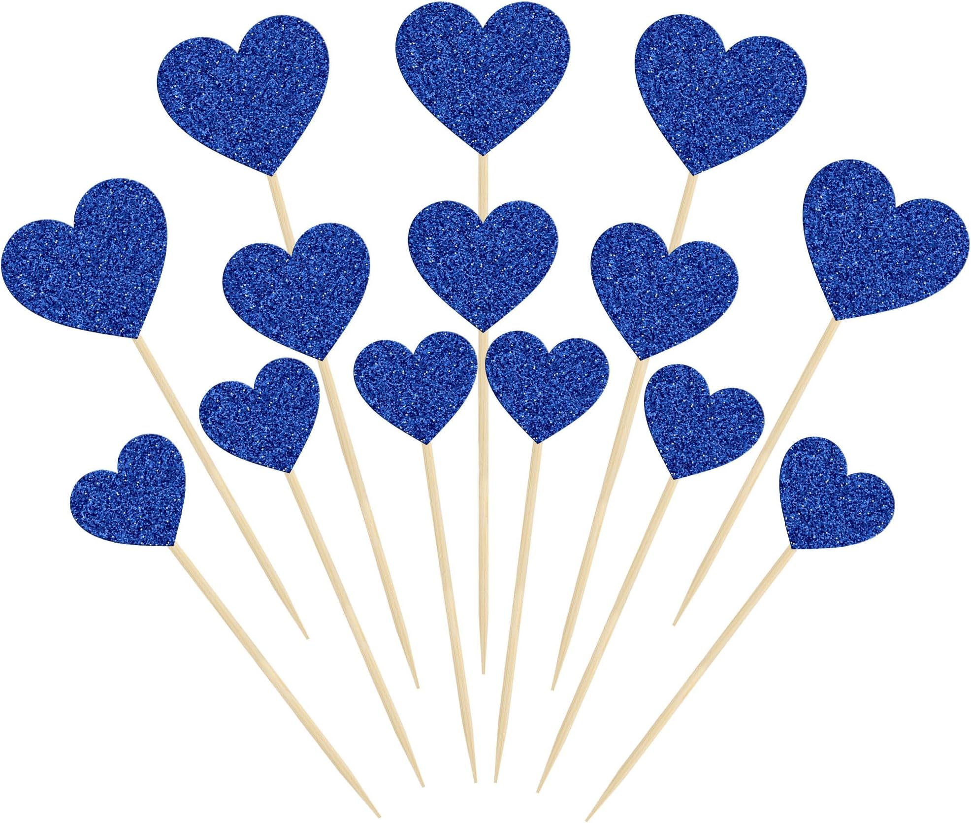 Amazon.com: Gyufise 30Pcs Heart Cupcake Toppers Deep Blue Glitter Sweet ...
