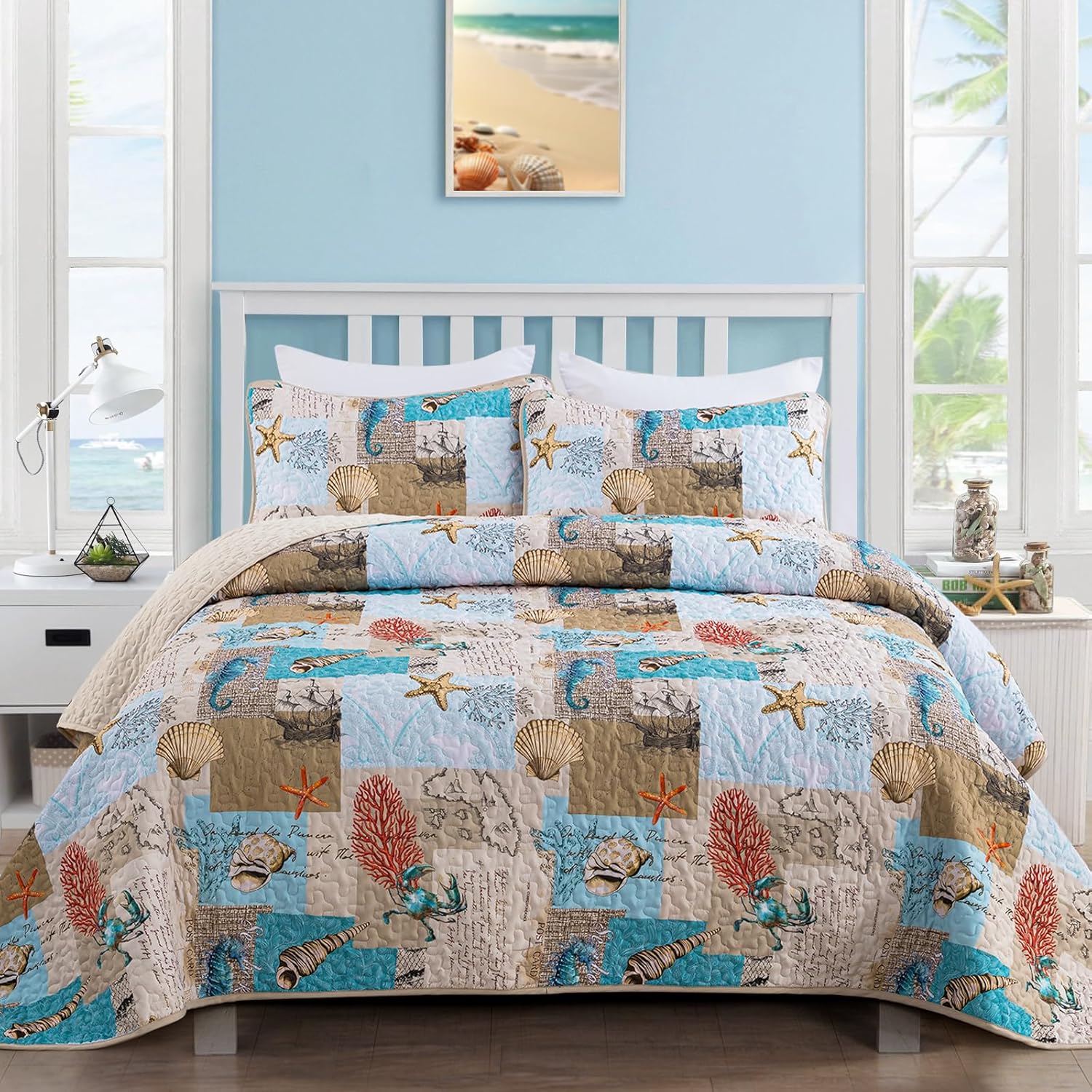 DJY Coastal Quilt Set Queen Taupe Patchwork Beach Themed Quilt Coverlet ...