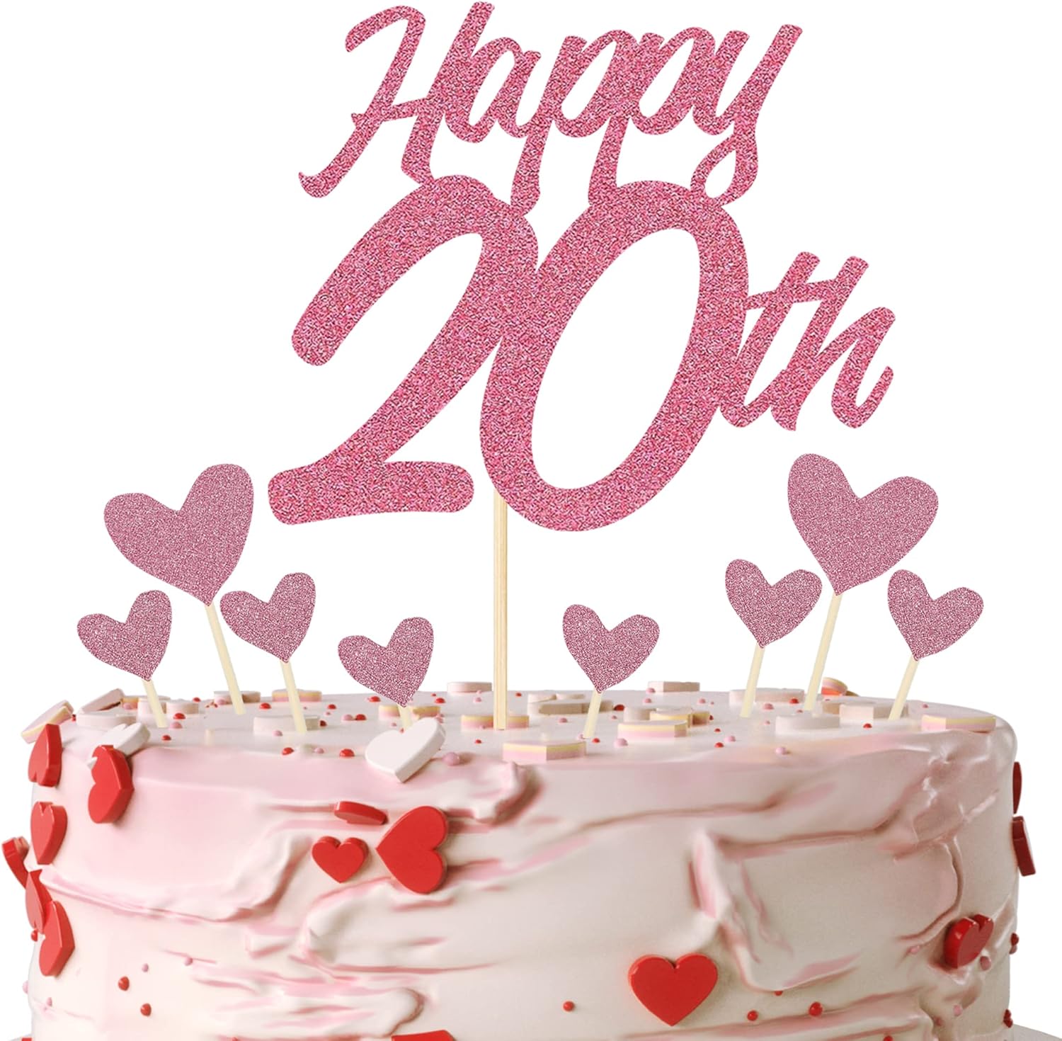 Amazon.com: Happy 20th Birthday Cake Toppers, Siipoo Pink Glitter Heart ...