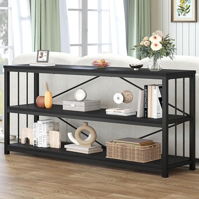 Amazon.com: HSH Black Low Bookshelf, Wood Metal 3 Tier Long Horizontal ...