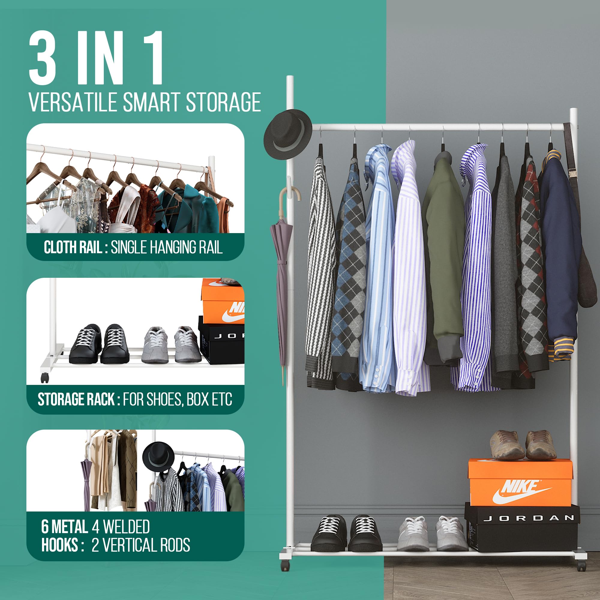 KLASS Portable Clothes Rail, Clothes Rack With Storage Shelf, 6 Hooks ...