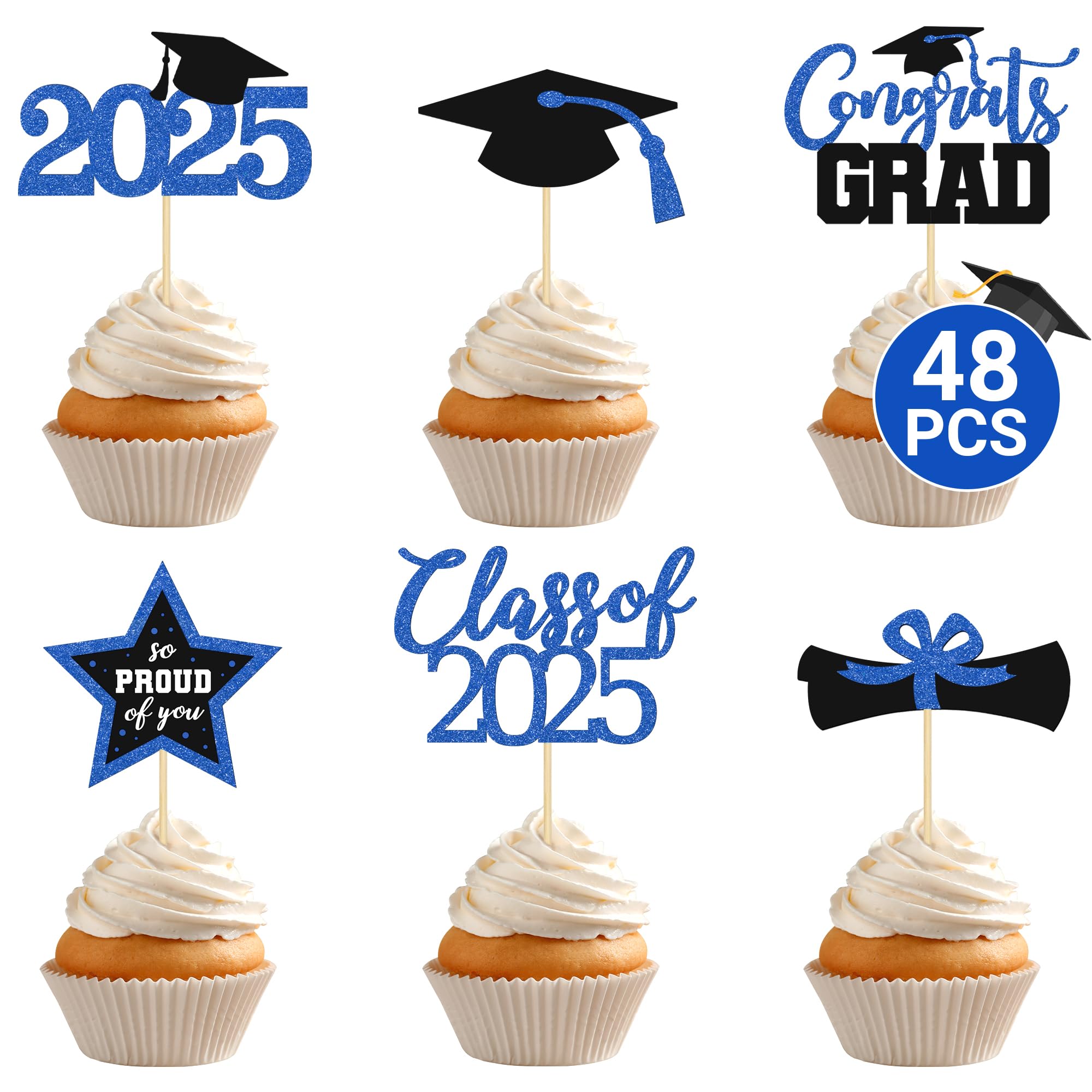 Snapklik.com : 48 PCS Graduation Cupcake Toppers 2025, 6 Style Black ...