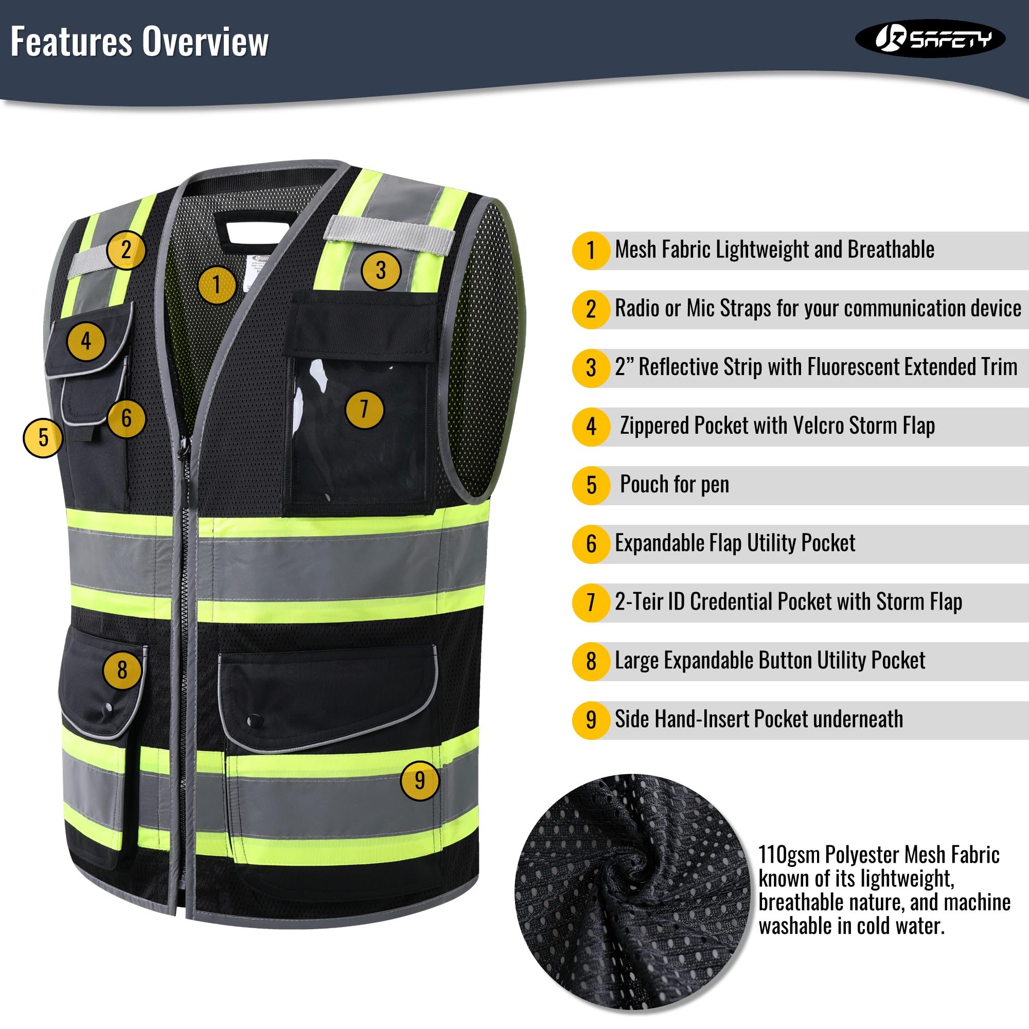 Snapklik.com : JKSafety 11 Pockets Hi-Vis Black Mesh Safety Vest For ...