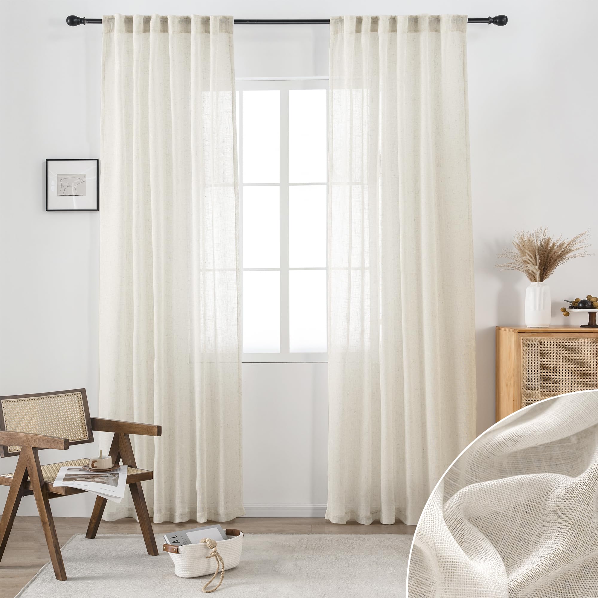 Amazon.com: Linen Cream Sheer Curtains 72 Inch Length for Bedroom Pair ...