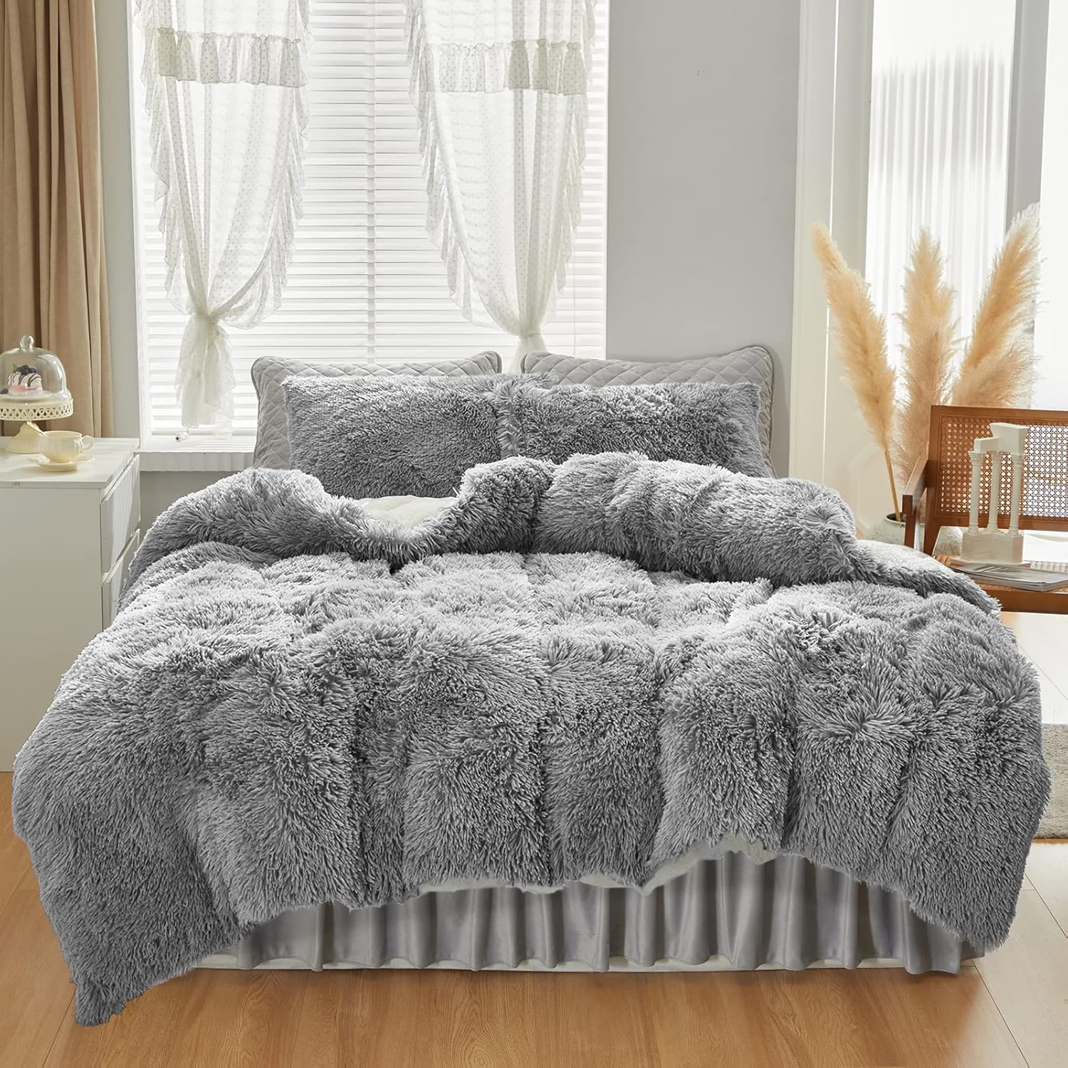 Buy Queen Size Faux Fur Comforter Set Grey - 6 Pieces Shaggy Comforter ...