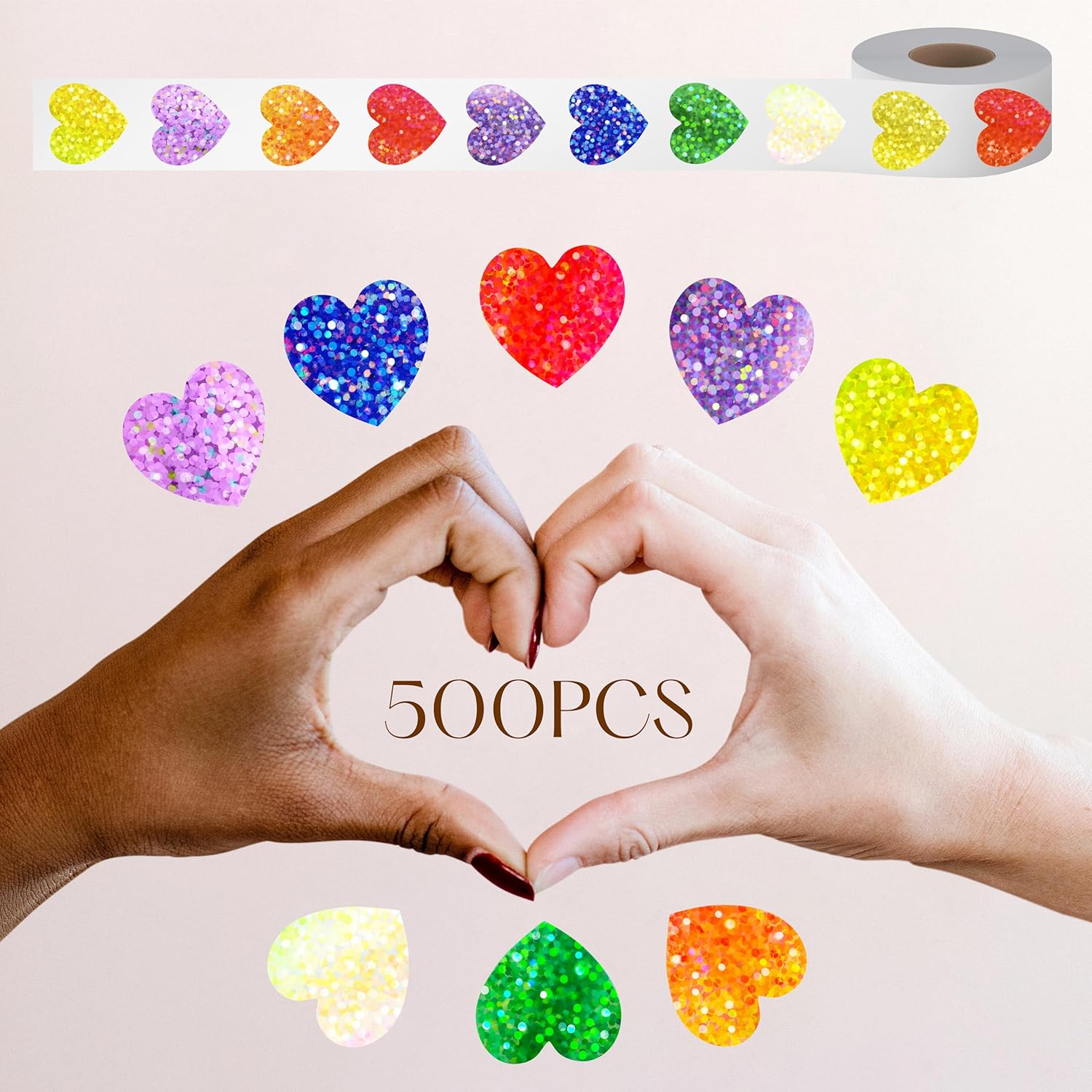 500 PCS Glitter Heart Stickers, 8 Colors Metallic Glitter Stickers Self ...