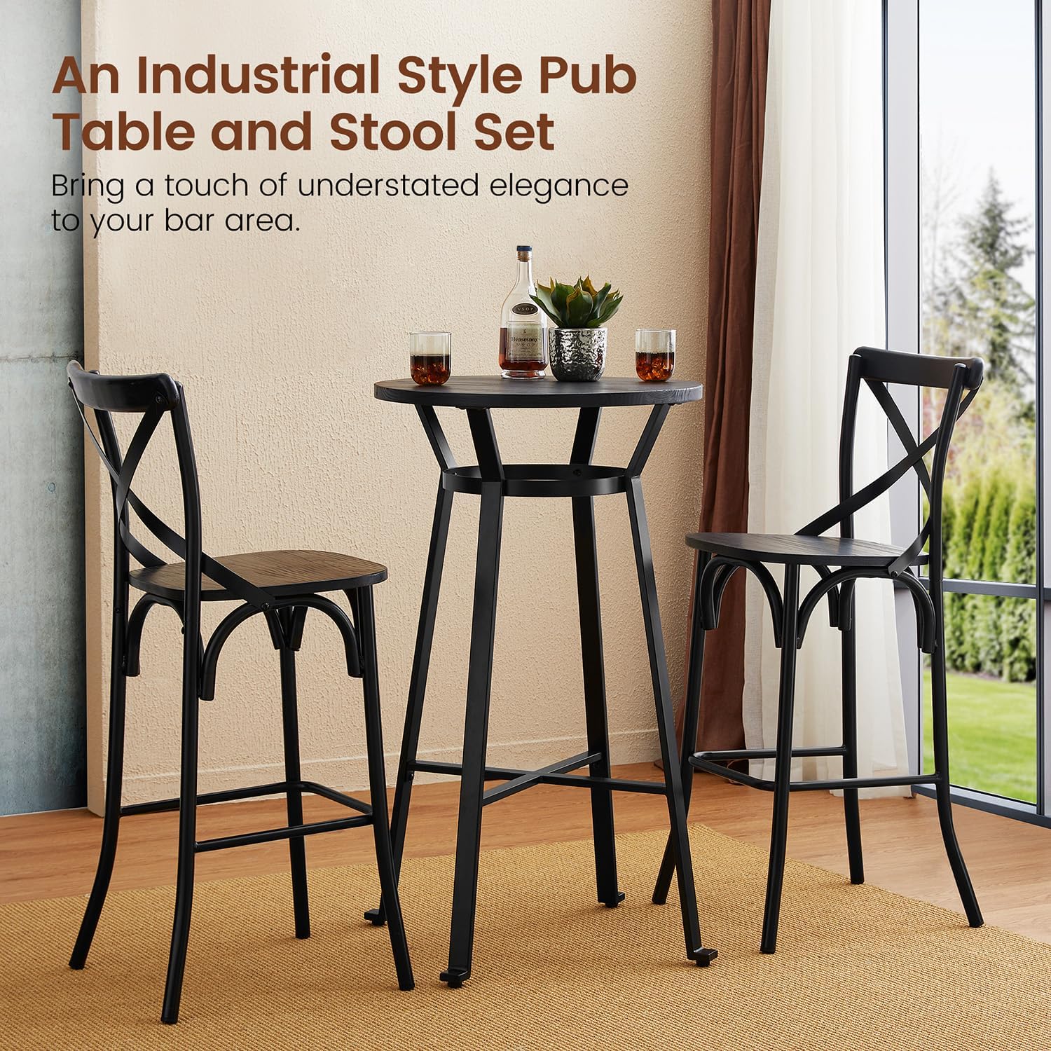 Modern Industrial 2-Piece Pub Set with Black Steel and Solid Elm Wood
