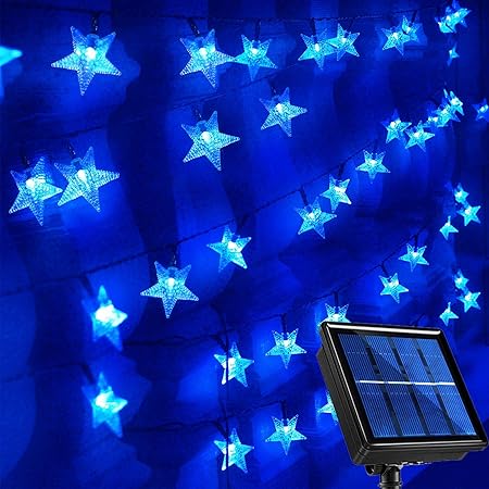 Blue Star Solar Lights,120 LED 8 Modes Outdoor Decor Star String Lights ...
