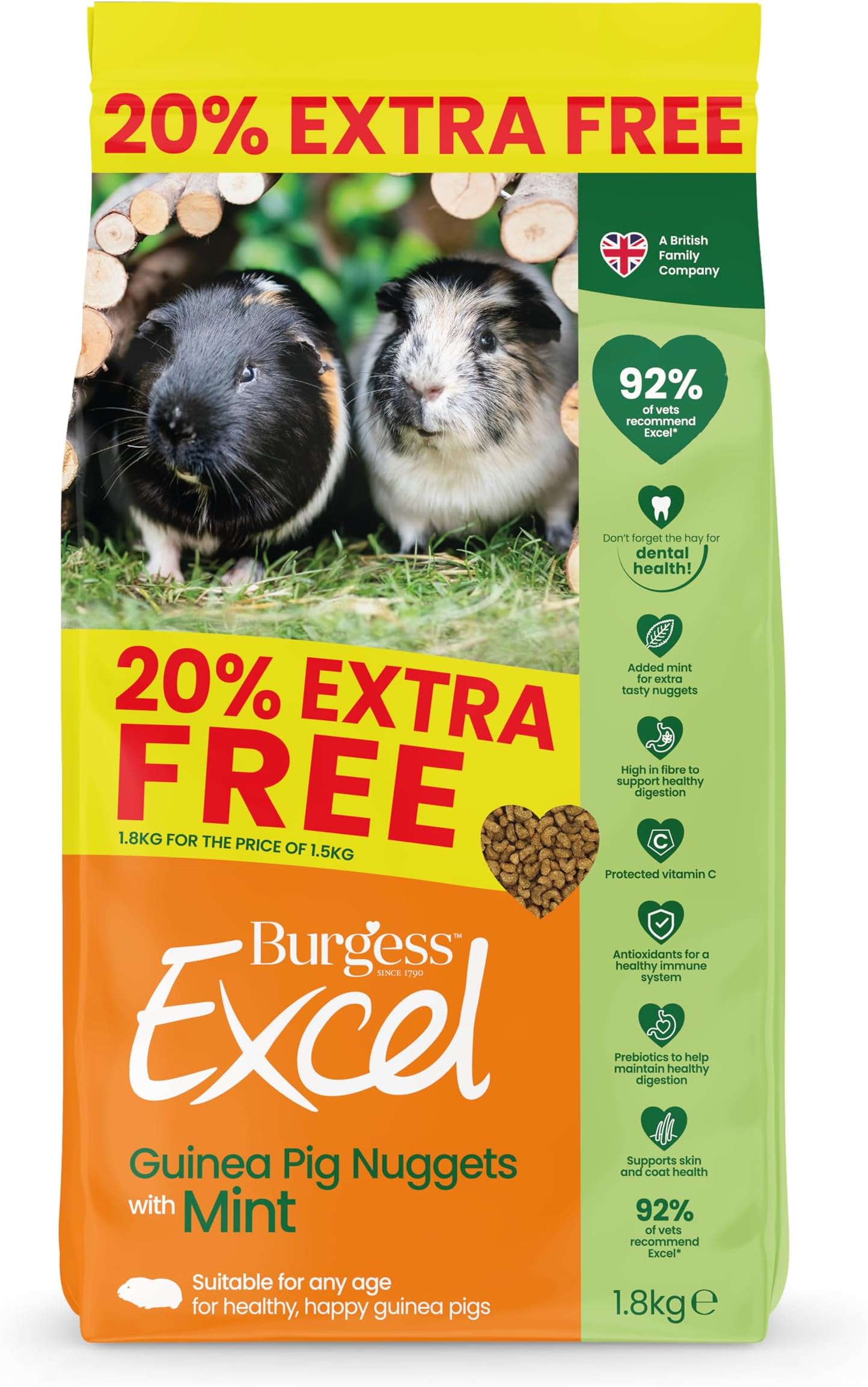 Burgess Excel Guinea Pig Food with Mint, 1.8kg – Guinea Pig Nuggets for ...