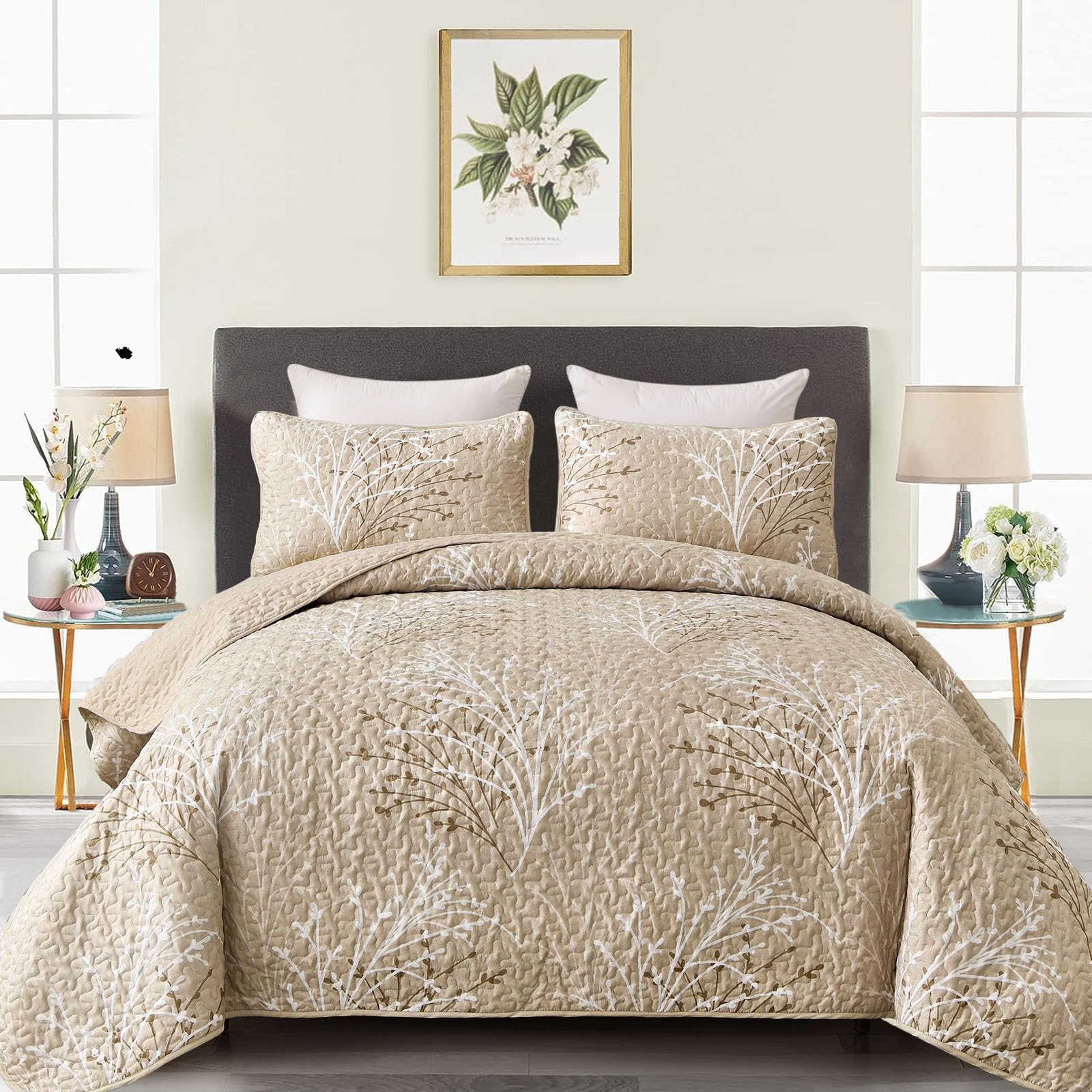 Amazon.com: DJY Beige Quilt Set King Size - Branch Botanical Pattern ...
