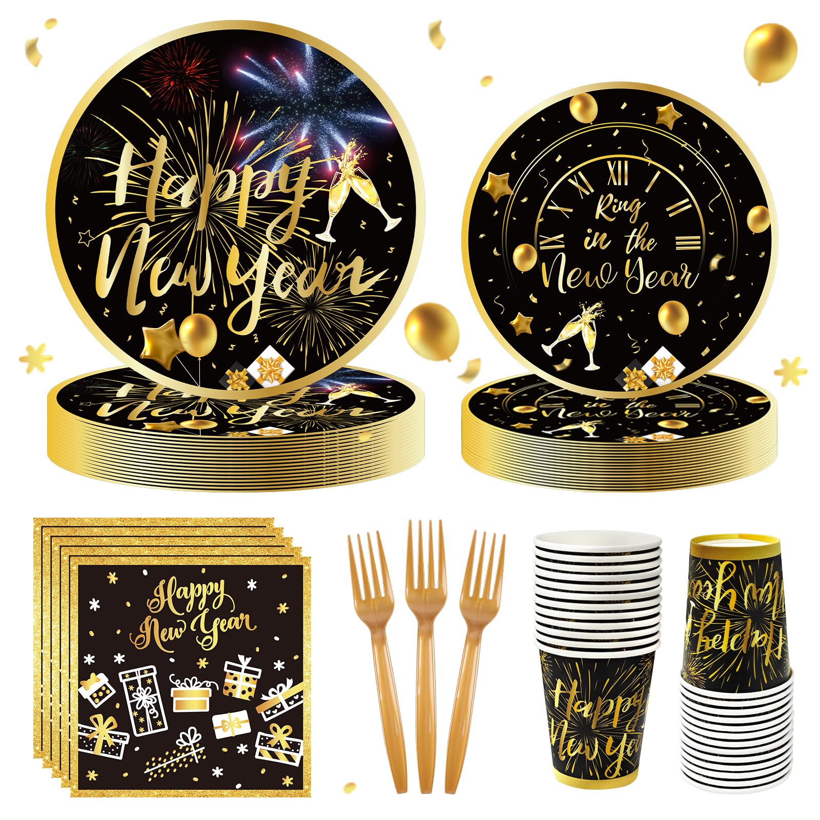 Amazon.com: 120PCS Happy New Year Party Supplies Black and Gold Paper ...