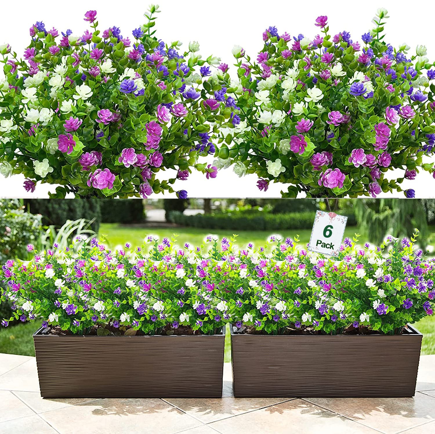 6 Bundles Artificial Fake Flowers Outdoor, No Fade UV Resistant Boxwood ...