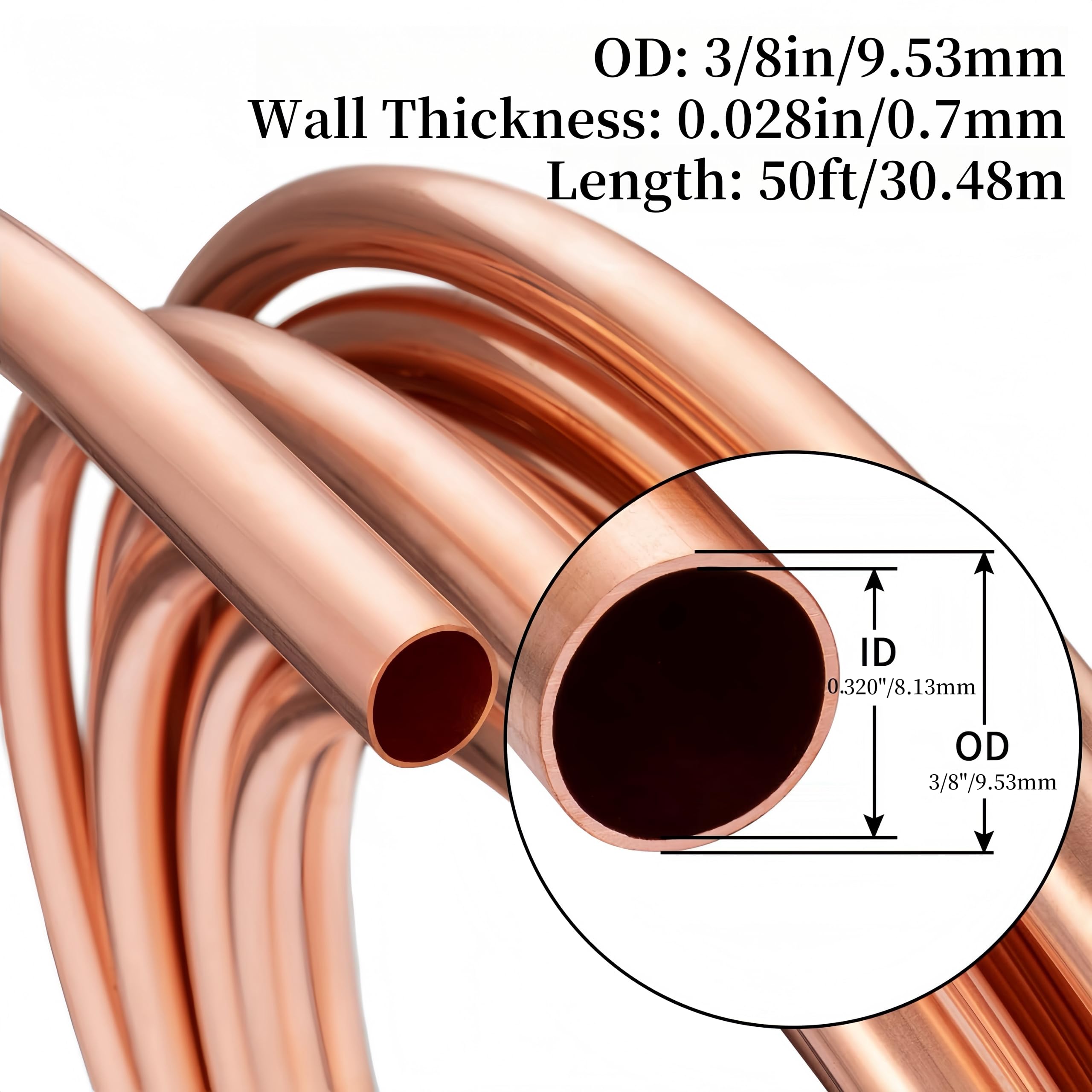 Snapklik.com : Copper Tubing 3/8" OD X 0.320" ID X 50 Ft, 99.9% C12200 ...