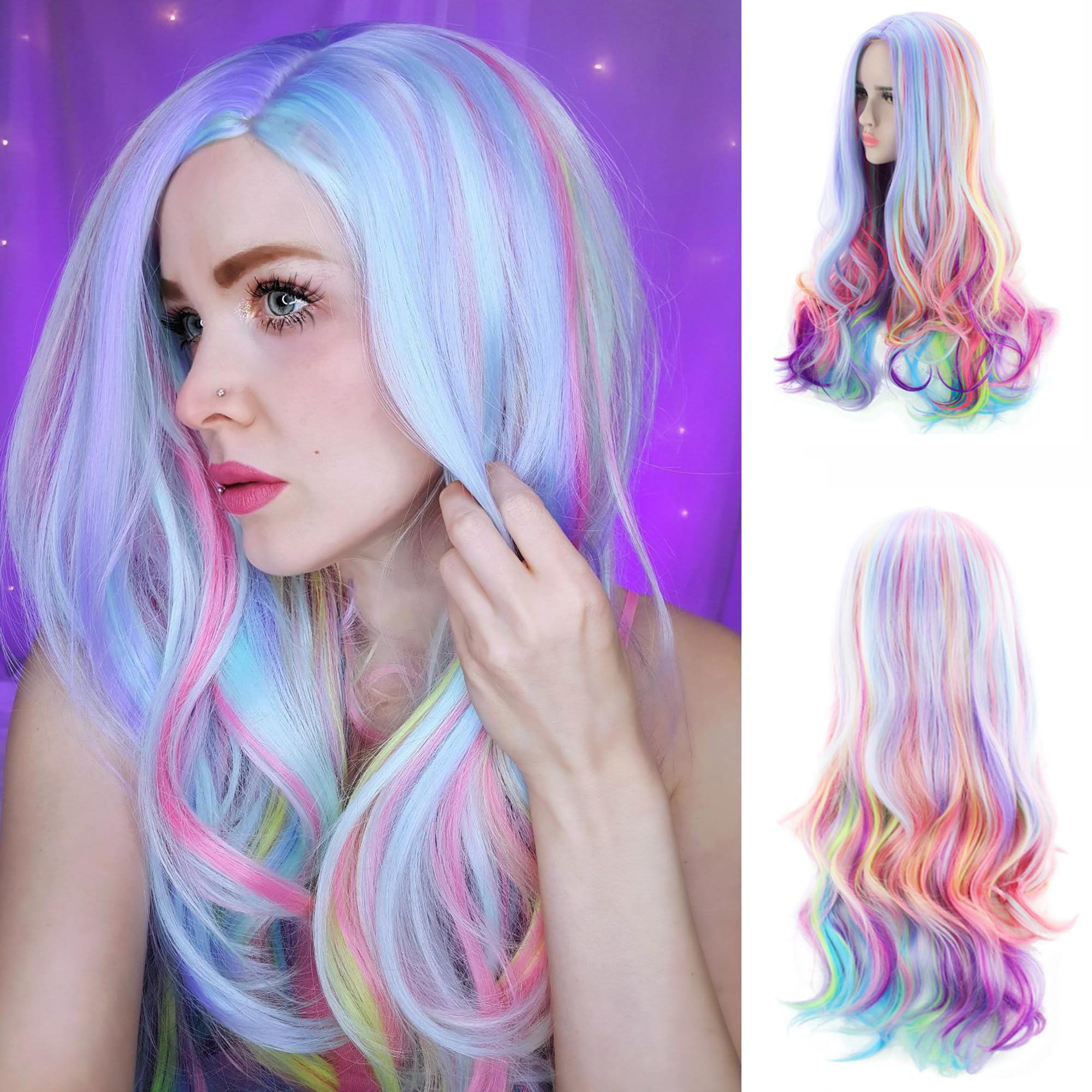 Amazon.com: DUDUWIG 27inches Long Curly Rainbow Hair Wigs for Cosplay ...