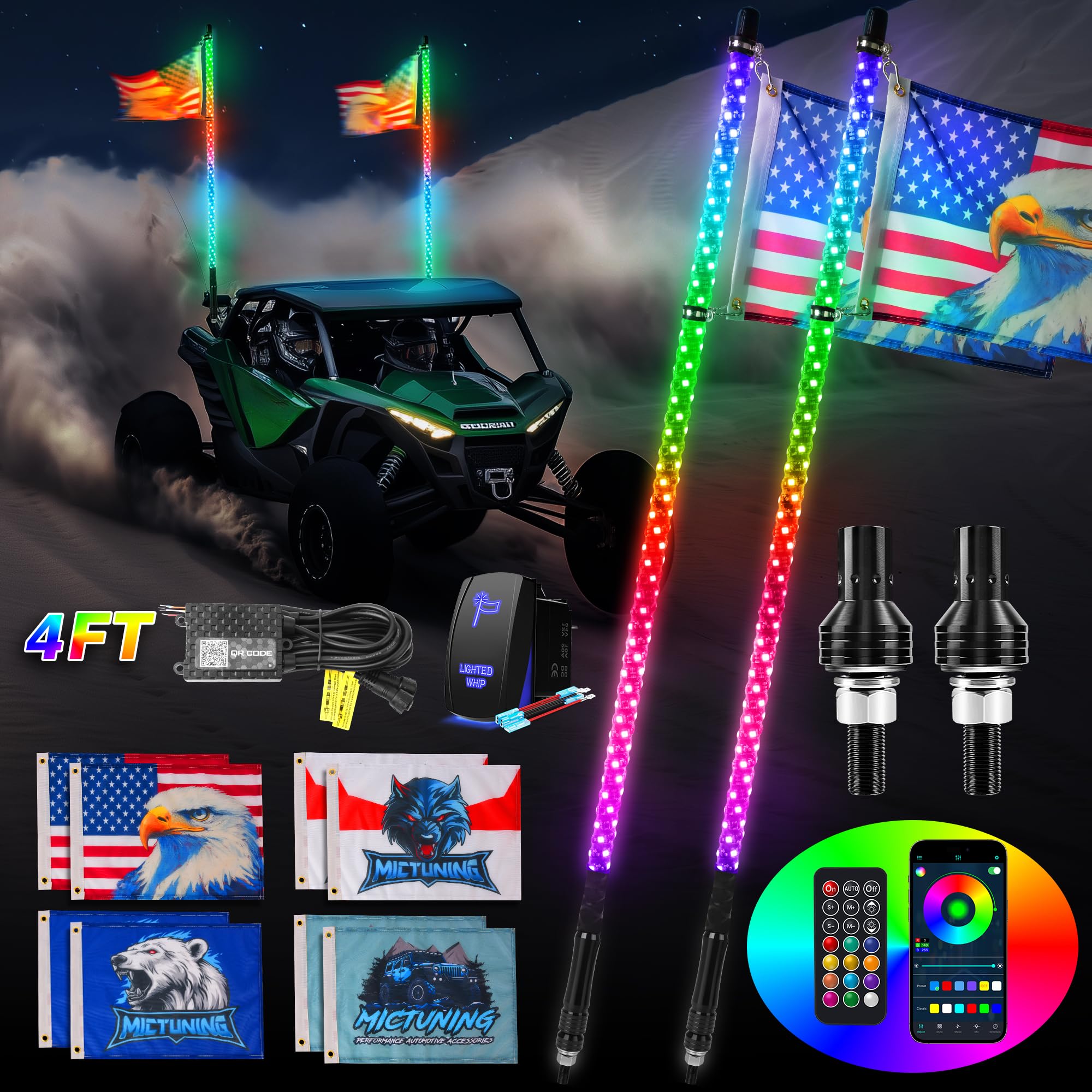 Snapklik.com : MICTUNING 2pc 4ft Spiral LED Whip Lights