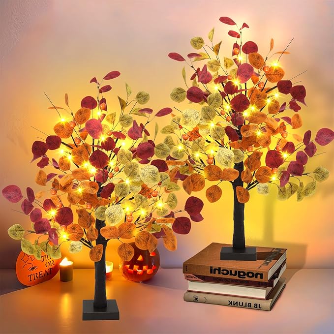 Amazon.com: obbsie [Timer] 2PK 24in Artificial Fall Lighted Eucalyptus ...