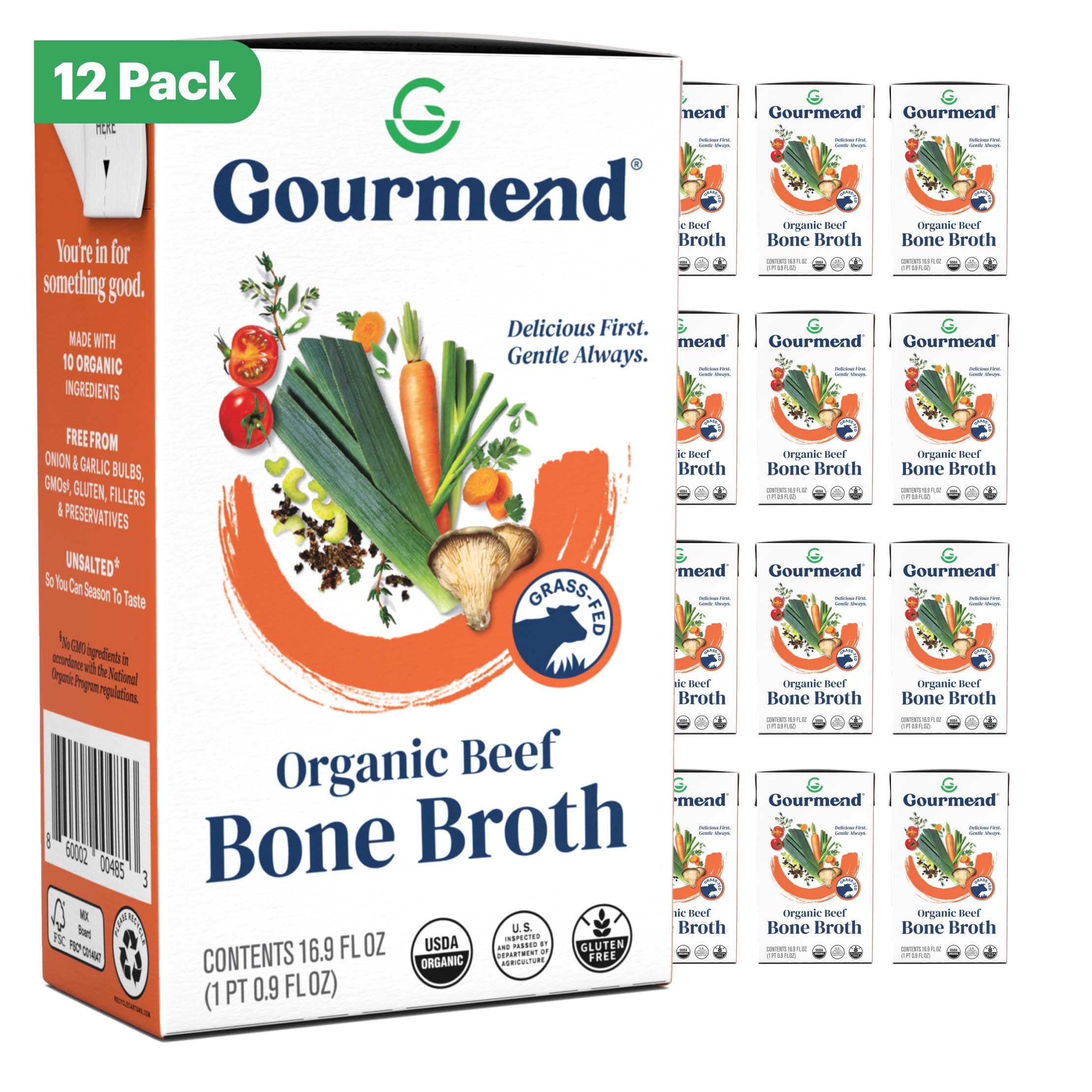 Amazon.com : Organic Unsalted 16.9oz Beef Bone Broth from Gourmend Foods (12 Pack) – Just 10 ...