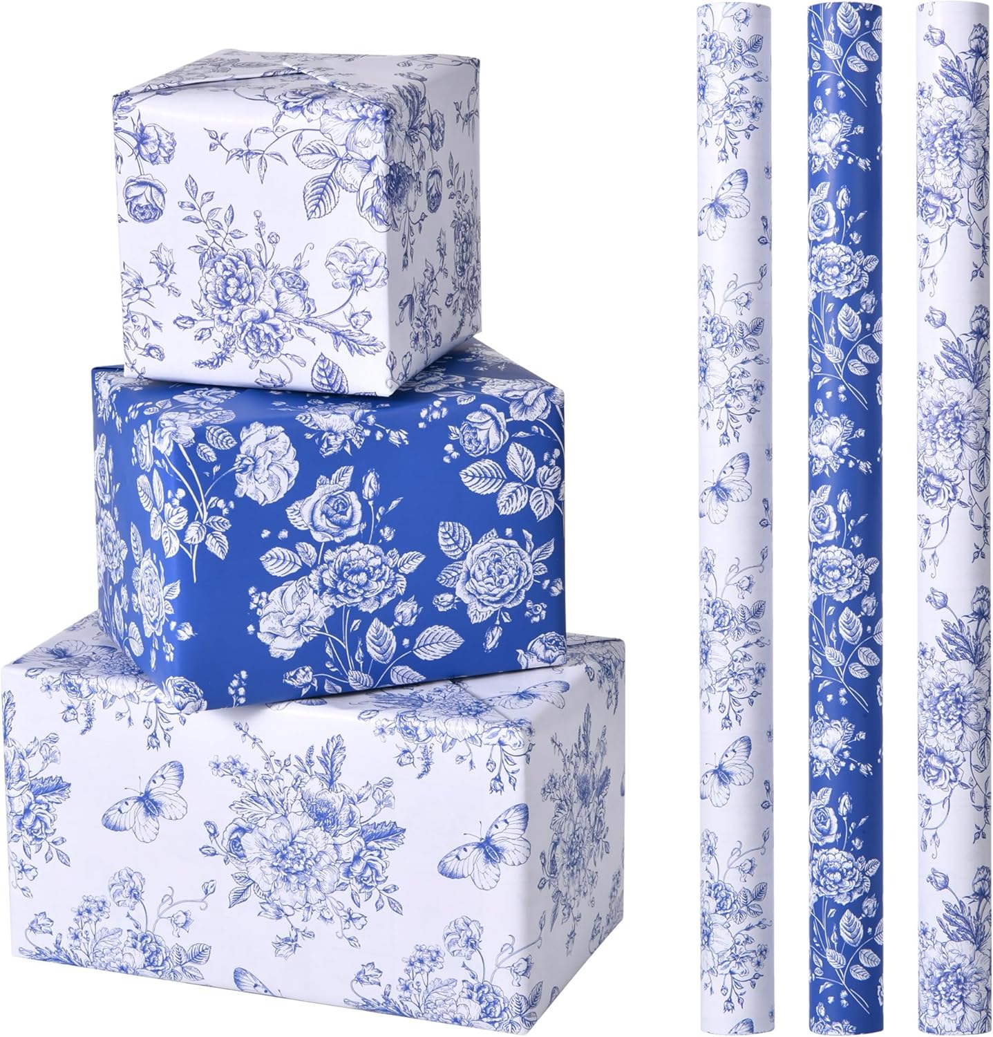 Amazon.com: Titiweet Blue Floral Wrapping Paper Roll - Blue and White ...