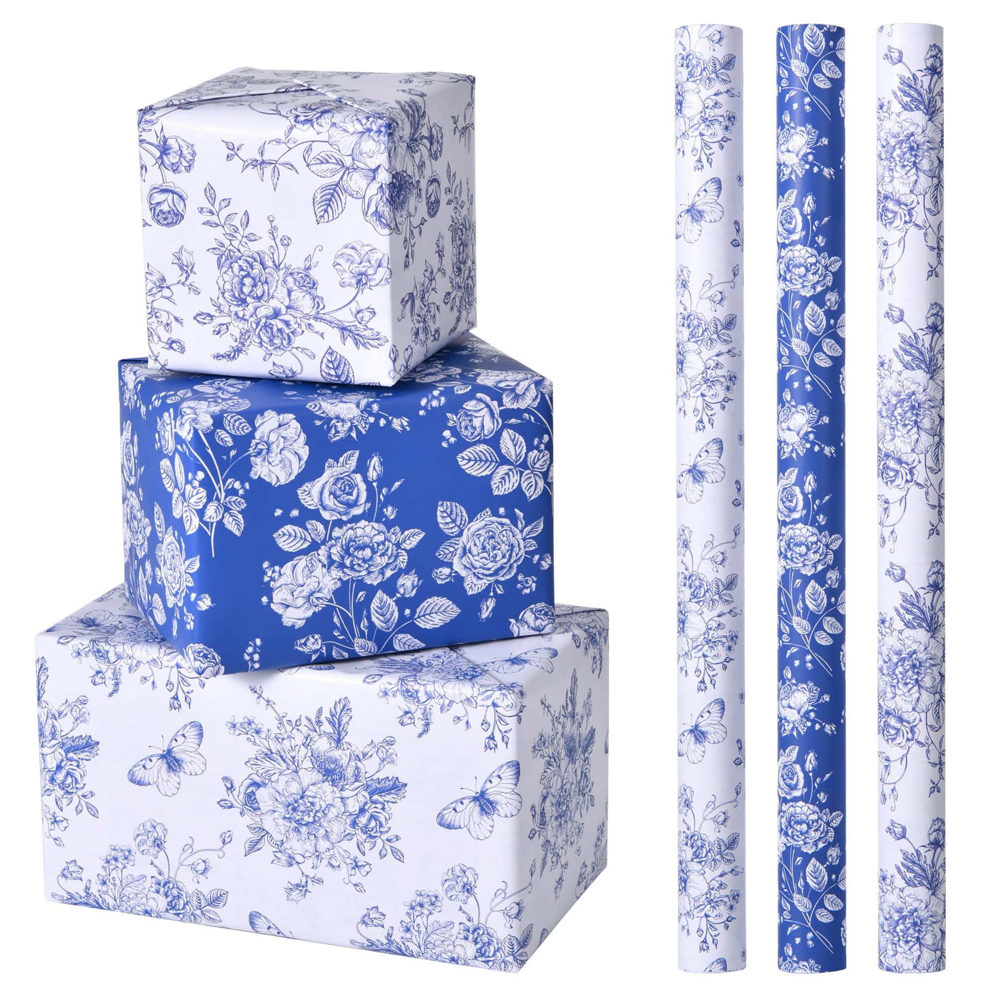 Amazon.com: Titiweet Blue Floral Wrapping Paper Roll - Blue and White ...